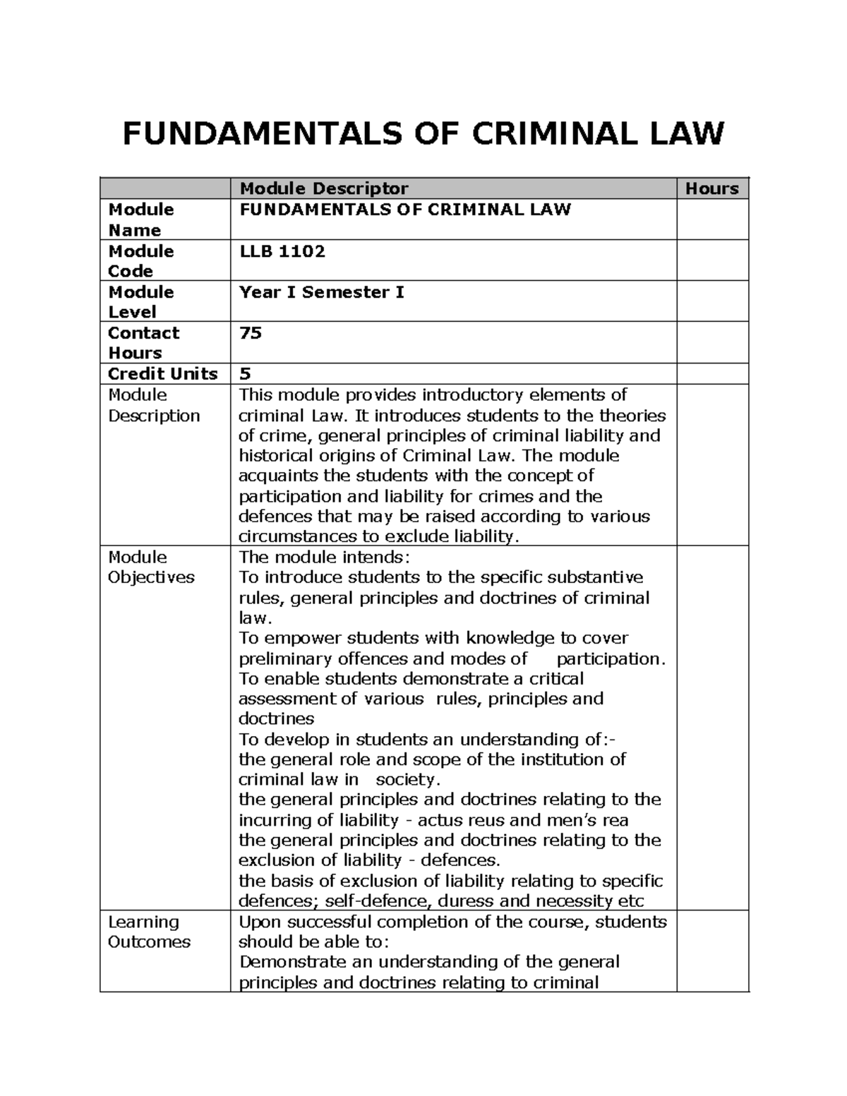 Fundamentals OF Criminal LAW - FUNDAMENTALS OF CRIMINAL LAW Module Descriptor Hours Module Name ...
