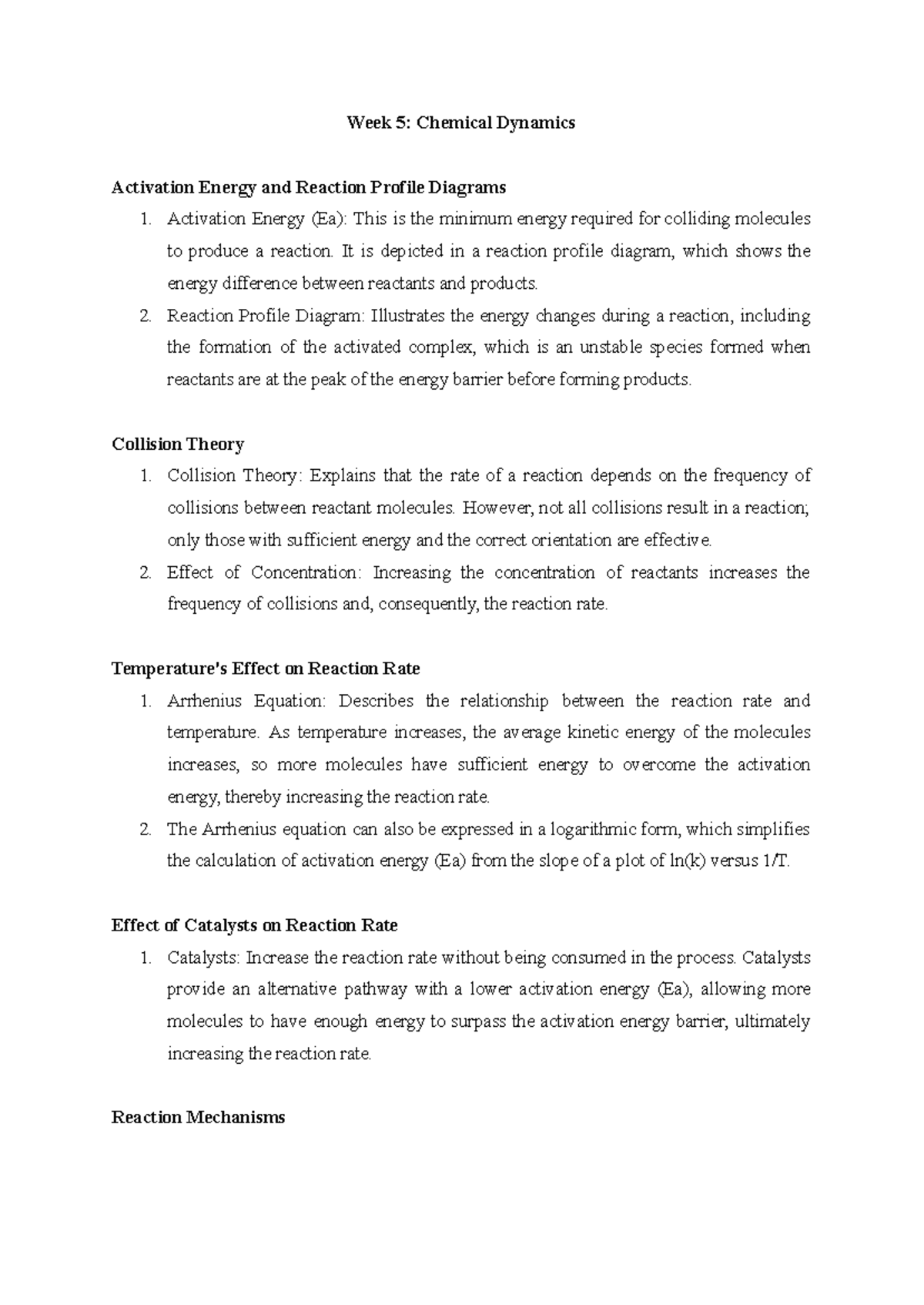 Week 5 Chemical Dynamics - Week 5: Chemical Dynamics Activation Energy ...