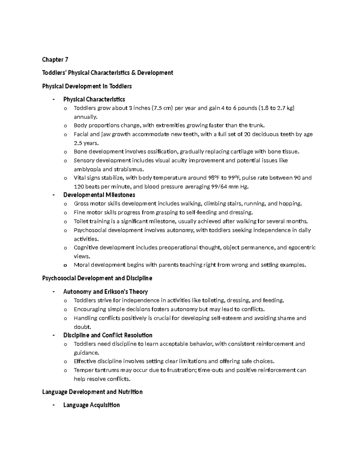 Chapter 7 - Toddlerhood - Chapter 7 Toddlers’ Physical Characteristics ...