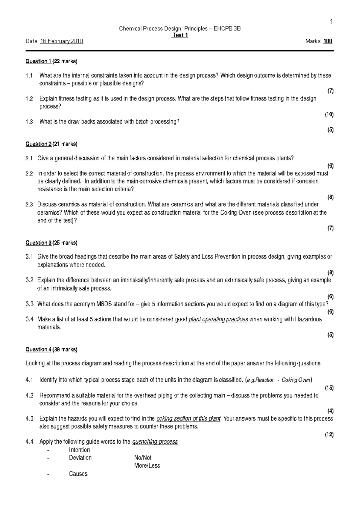 CPB3B Test1 and memo S1 2010 - Chemical Process Design: Principles ...