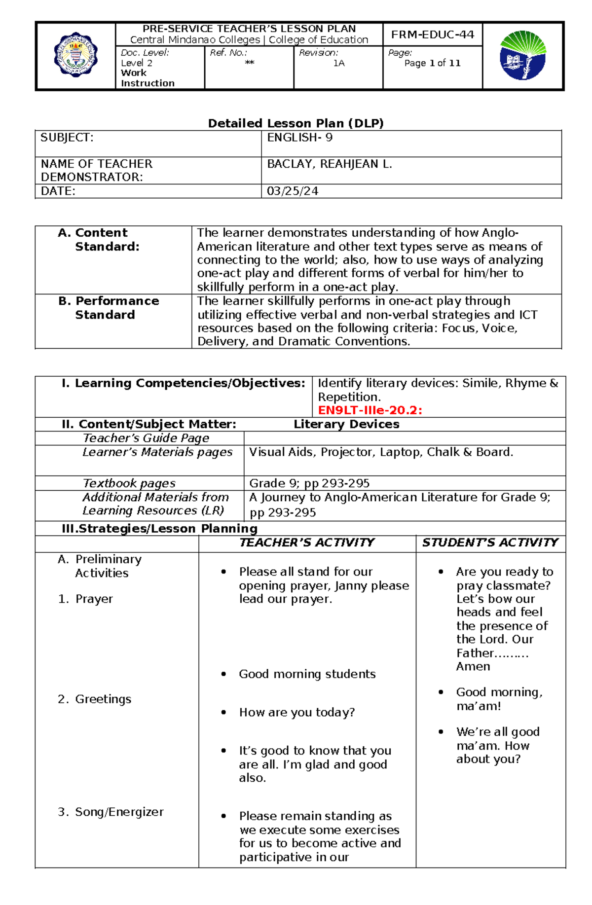 Lesson Plan Forma - PRE-SERVICE TEACHER’S LESSON PLAN Central Mindanao Colleges | College of ...