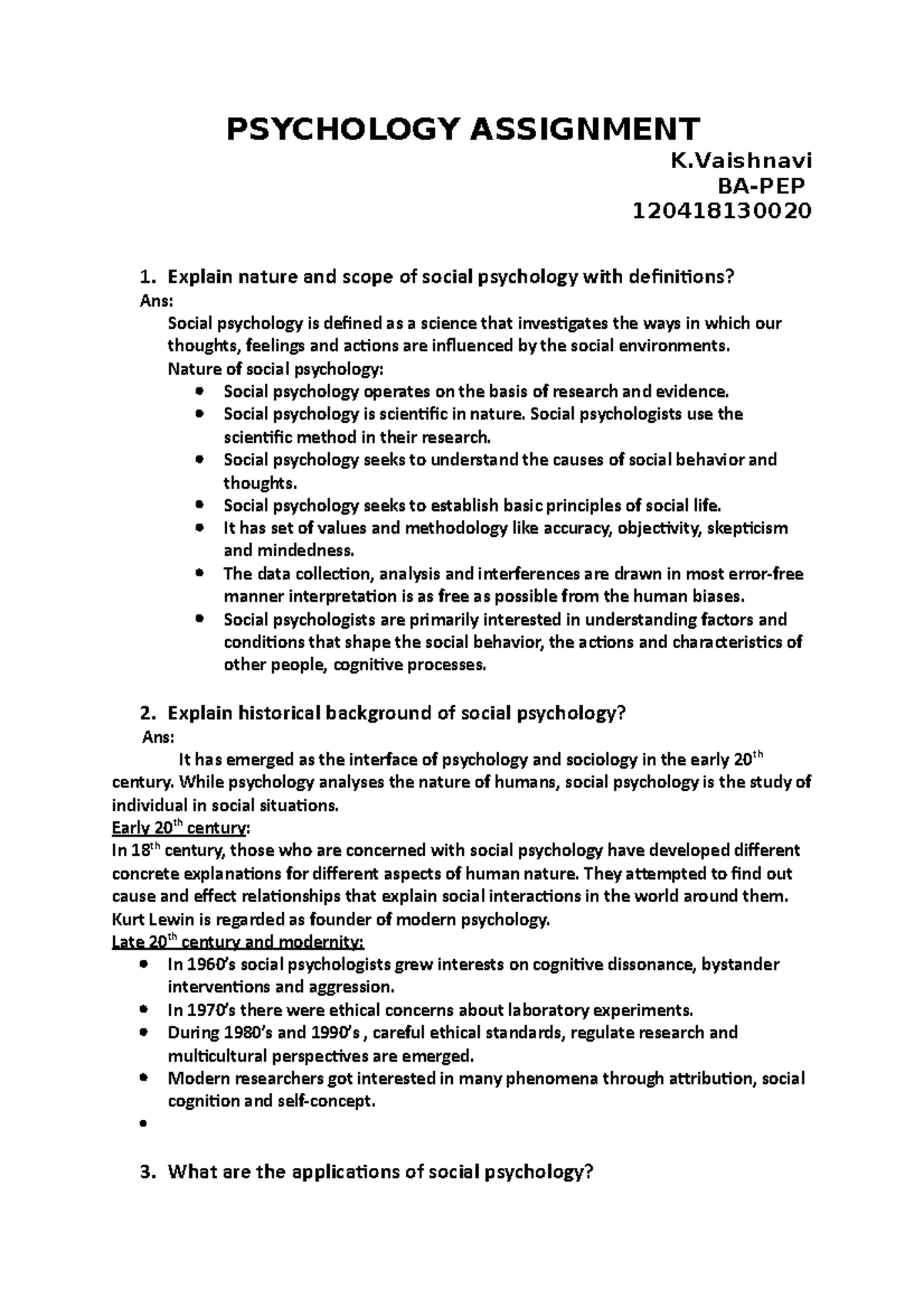 Psychology Assignment - PSYCHOLOGY ASSIGNMENT K BA-PEP 120418130020 1 ...