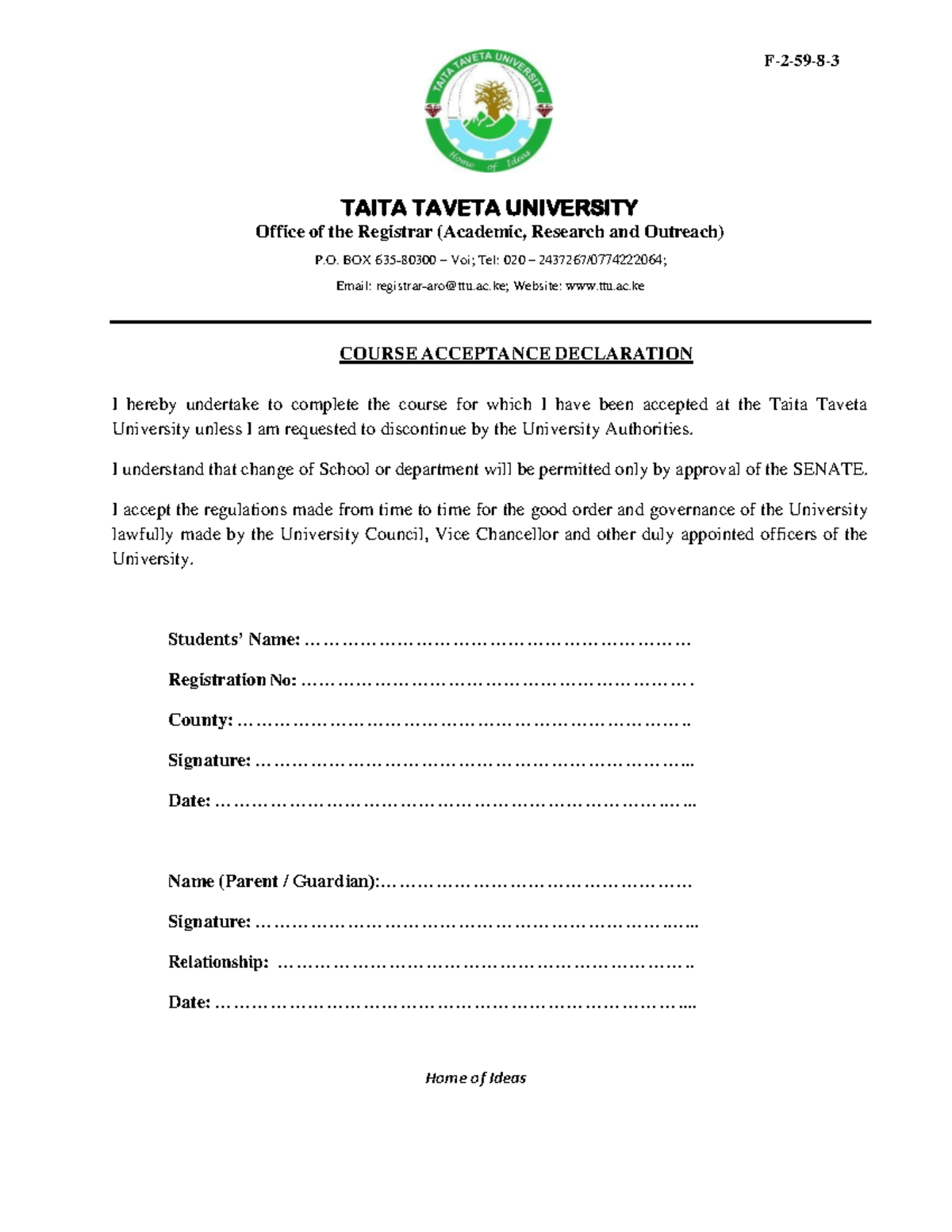 Course Acceptance Declaration - TAITA TAVETA UNIVERSITY Office of the Registrar (Academic ...