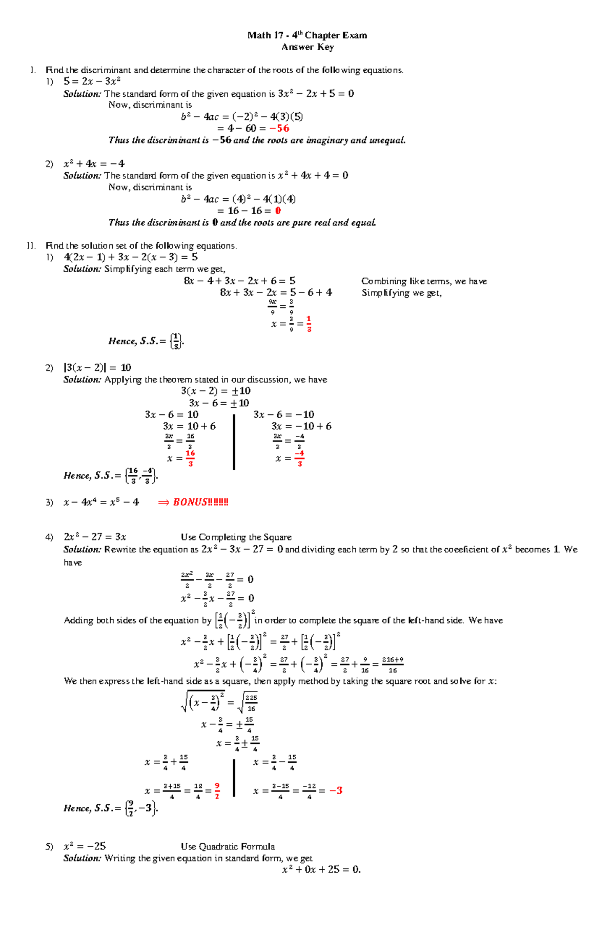 Exam 11 July 2011, answers - Math 17 - 4th Chapter Exam Answer Key I ...