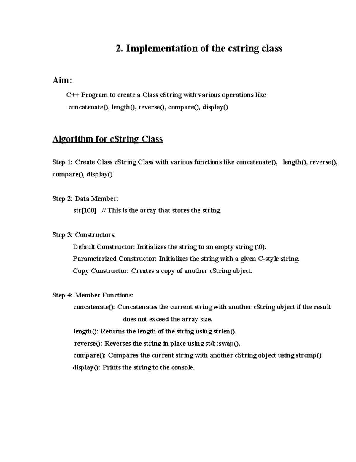 Prg2 String Manipulation - 2. Implementation of the cstring class Aim ...
