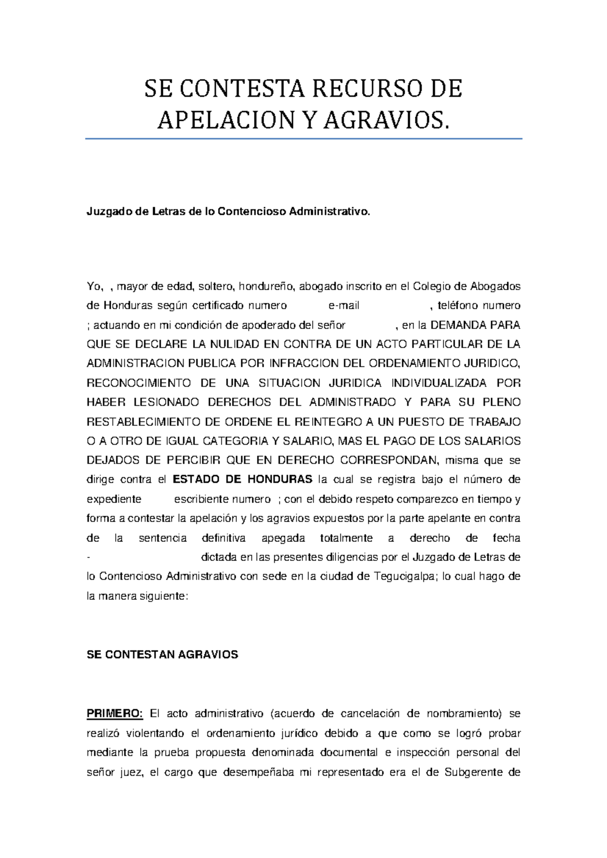 Se contesta recurso de apelacion y agravios - SE CONTESTA RECURSO DE ...