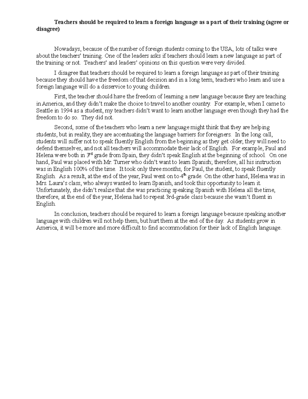 2ND Essay - reading and passed - Teachers should be required to learn a ...