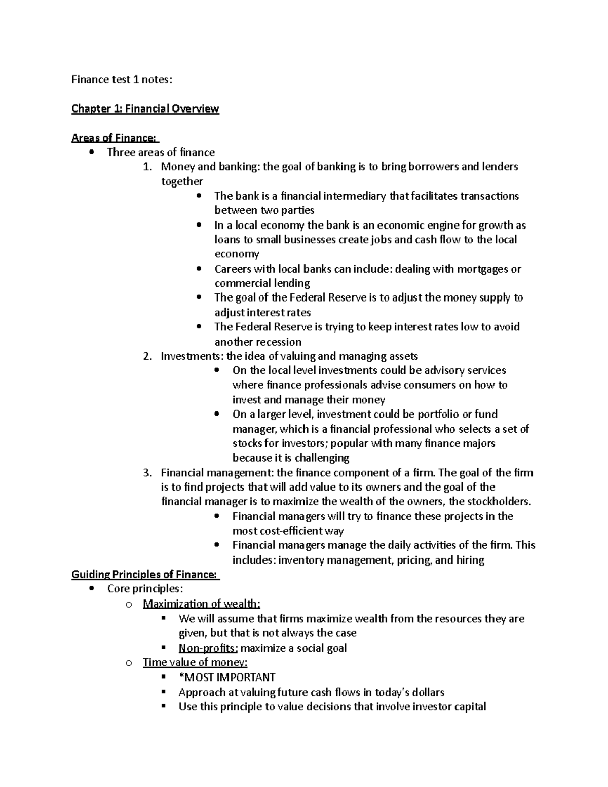 Finance test 1 notes - Finance test 1 notes: Chapter 1: Financial ...