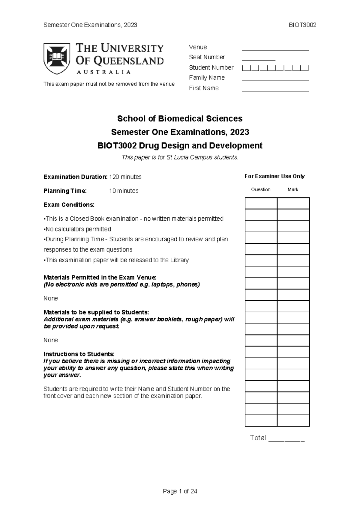BIOT3002 Past Papers 2023-2019 Compiled - This exam paper must not be ...
