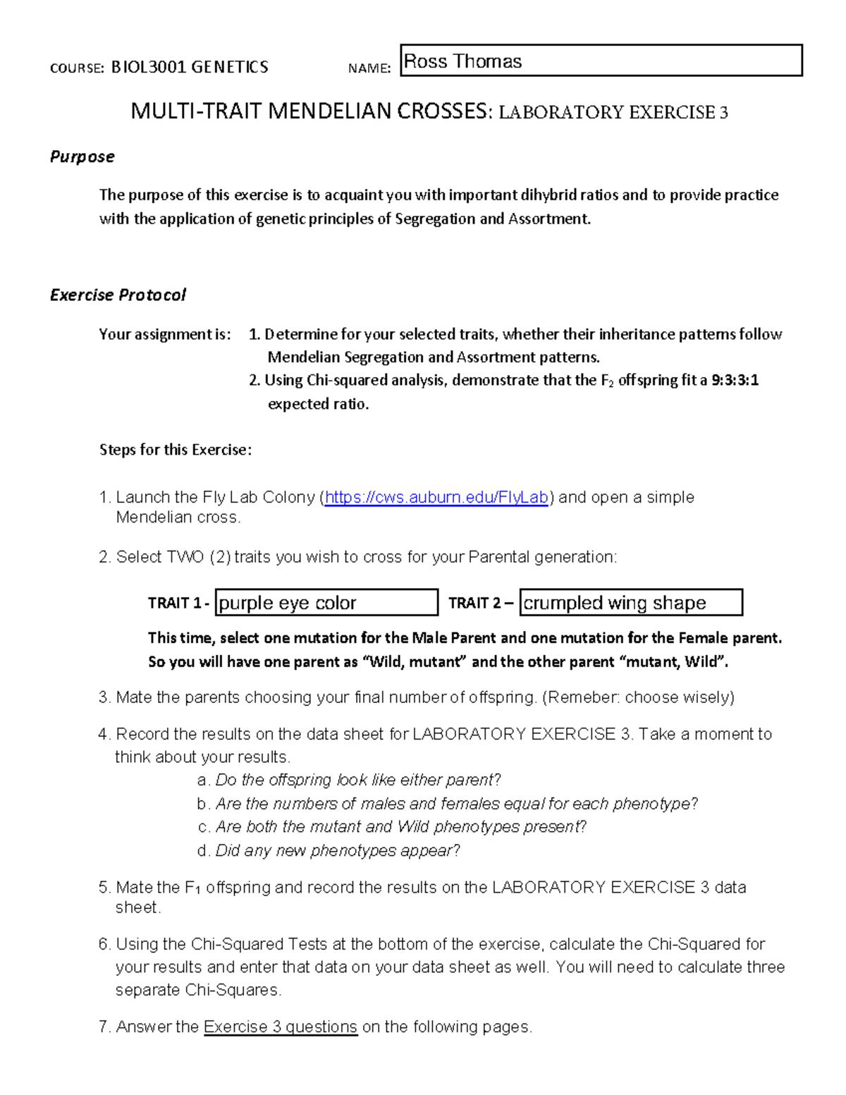 Mendelian Genetics Lab Exercise 3 DATA Sheet - Mendelian Genetics Lab ... Mendelian Genetics Lab Exercise 3 DATA Sheet - Mendelian Genetics Lab ...
