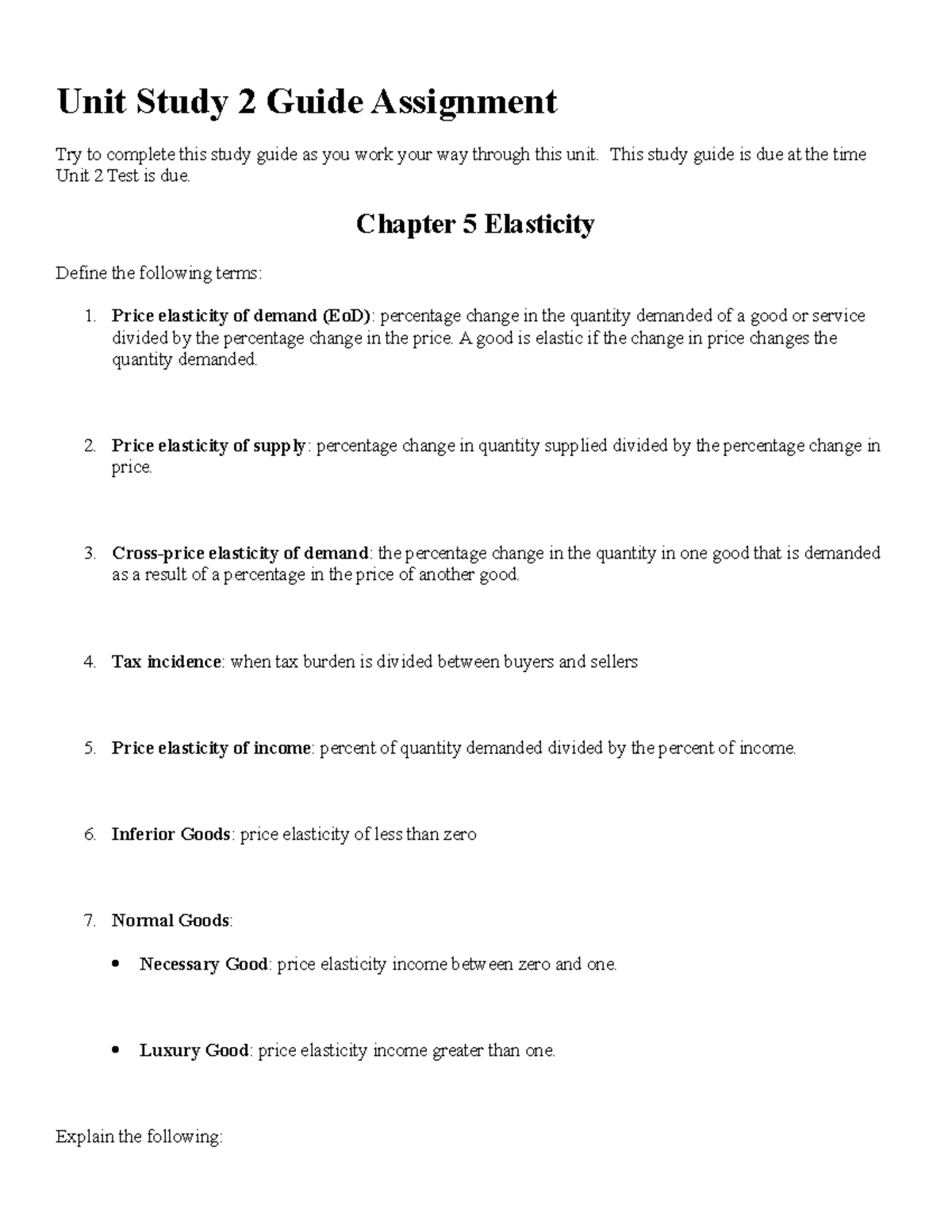 Micro Unit 2 Study Guide Assignment - Unit Study 2 Guide Assignment Try to complete this study ...