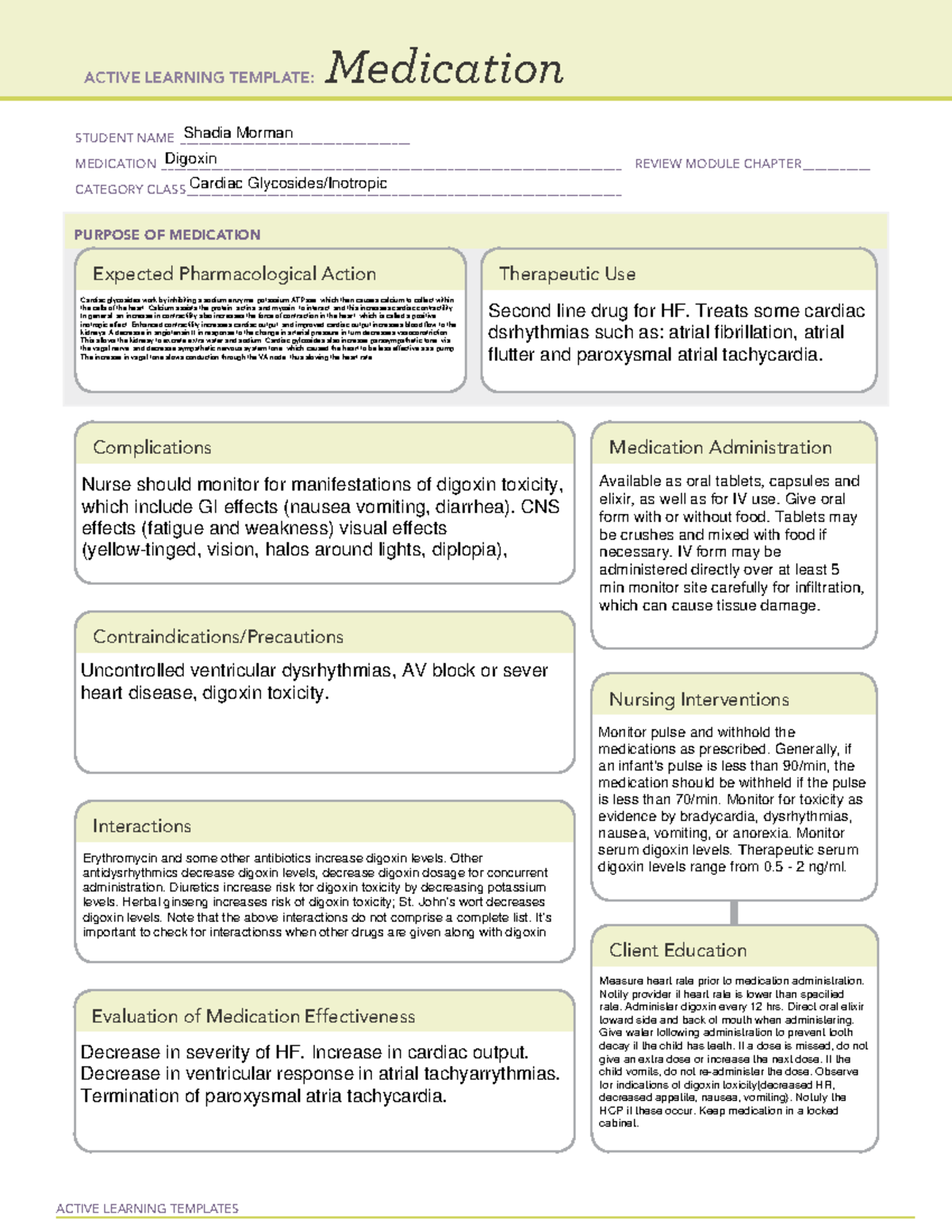 Medication Digoxin Nursing ACTIVE LEARNING TEMPLATES Medication