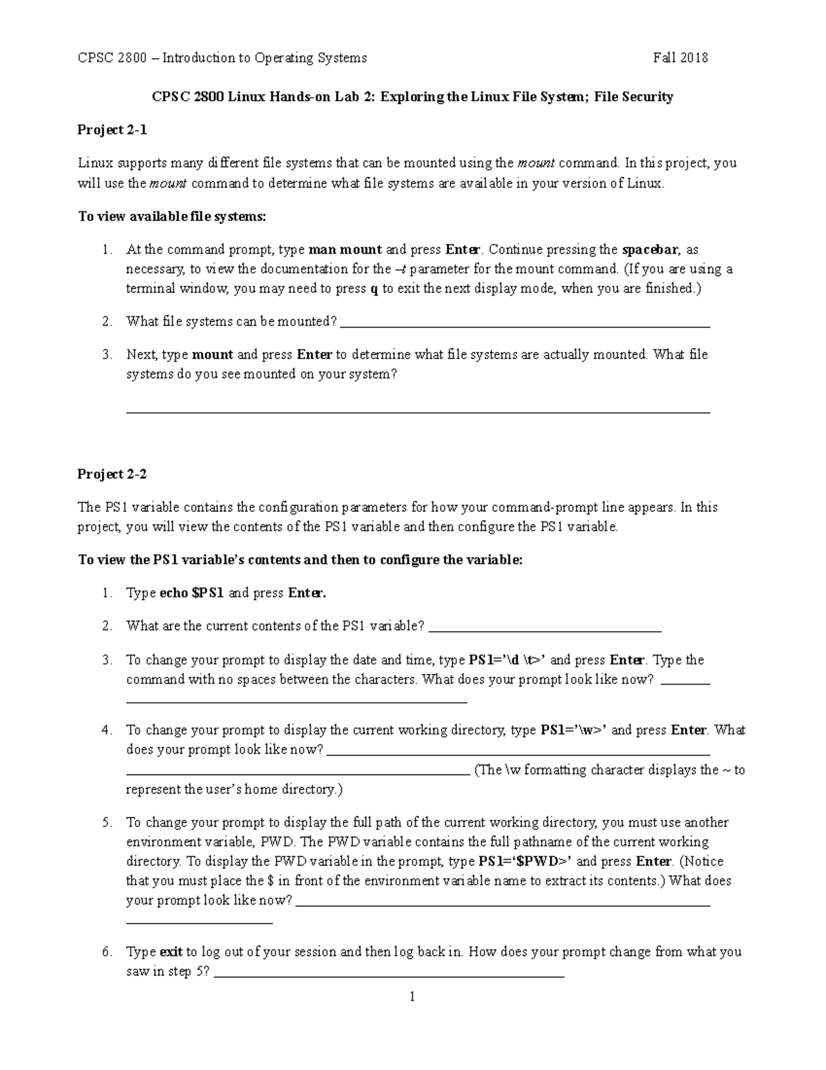 Project 2-Linux File System - CPSC 2800 Introduction to Operating Systems Fall 2018 CPSC 2800 ...