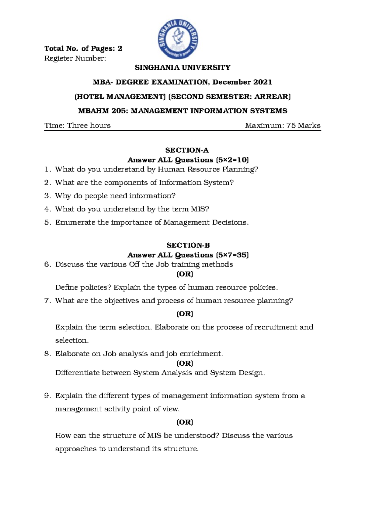 MIS question paper for reference - mba fm - Studocu