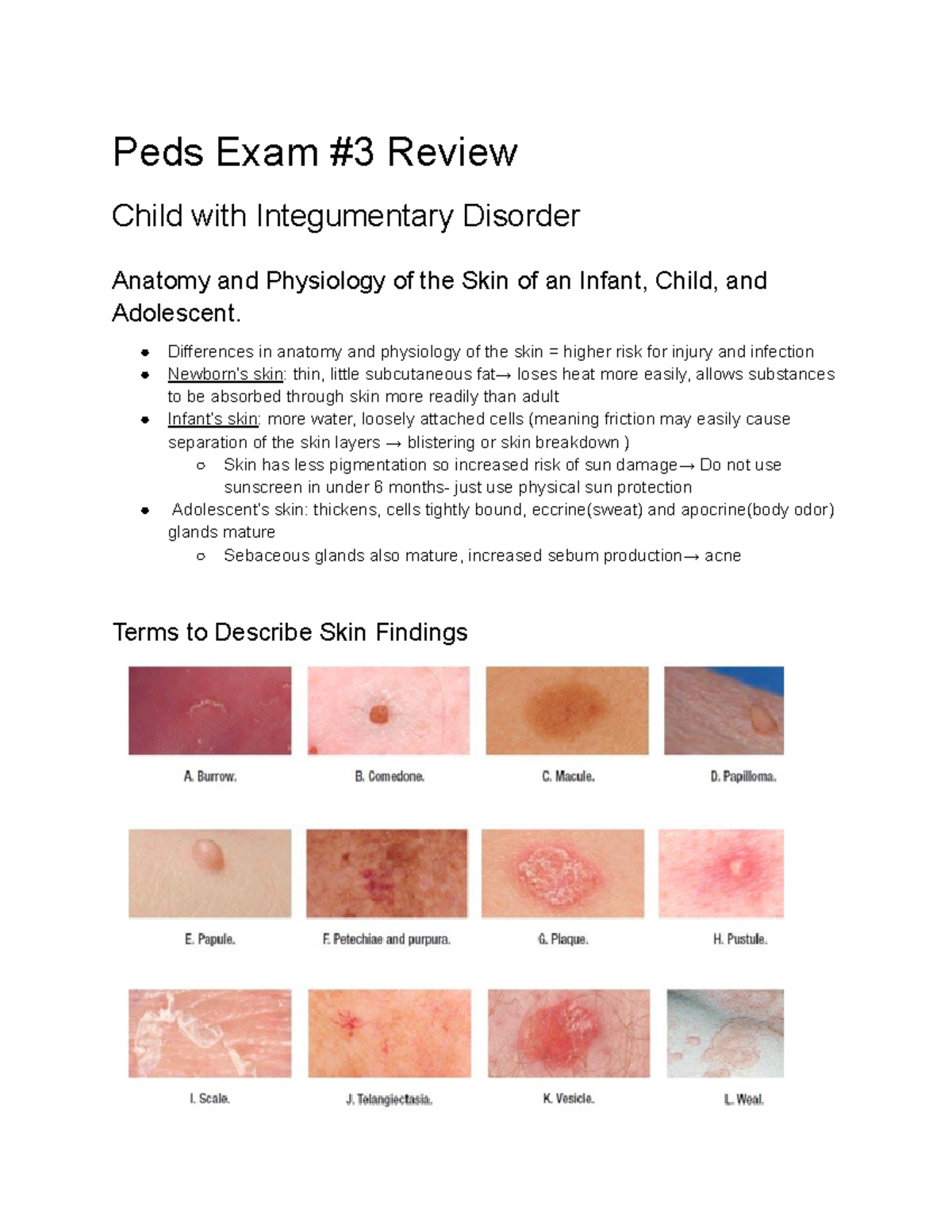 Peds Exam 3 Review - Topics- Integumentary, Cardio, Neuro - NURS 416 ...