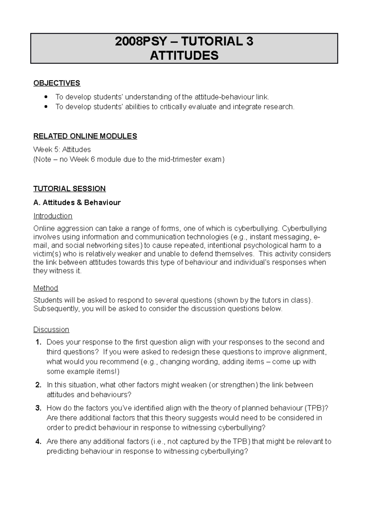 2008 PSY Tutorial 3 - Worksheet - 2008PSY – TUTORIAL 3 ATTITUDES ...