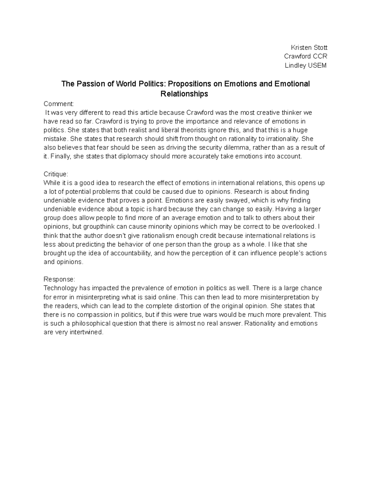 Crawford ccr - Professor Daniel Lindley - Kristen Stott Crawford CCR ...