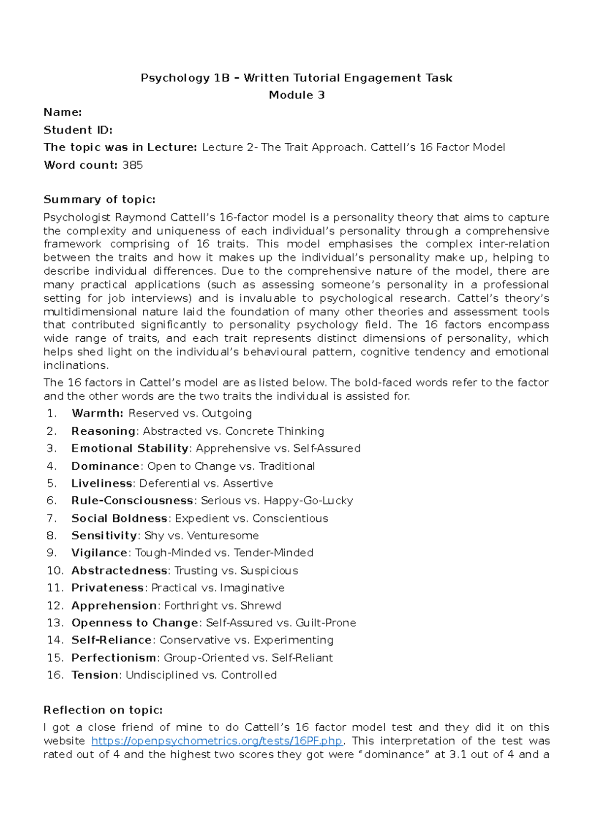 TET 3 - Tutorial Engagement Tasks- Module 3 - Psychology 1B – Written ...