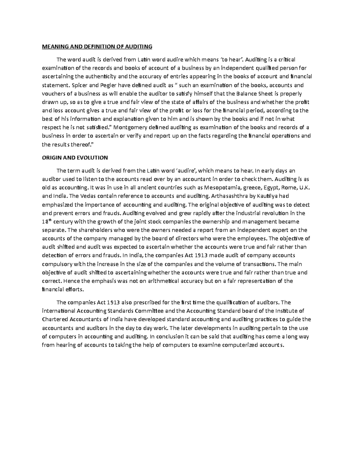 Origin Of Auditing - MEANING AND DEFINITION OF AUDITING The word audit ...