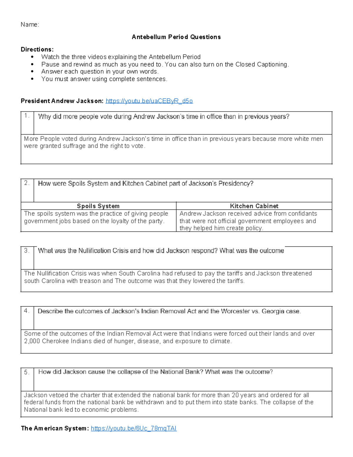 Antebellum Period Questions - Name: Antebellum Period Questions ...
