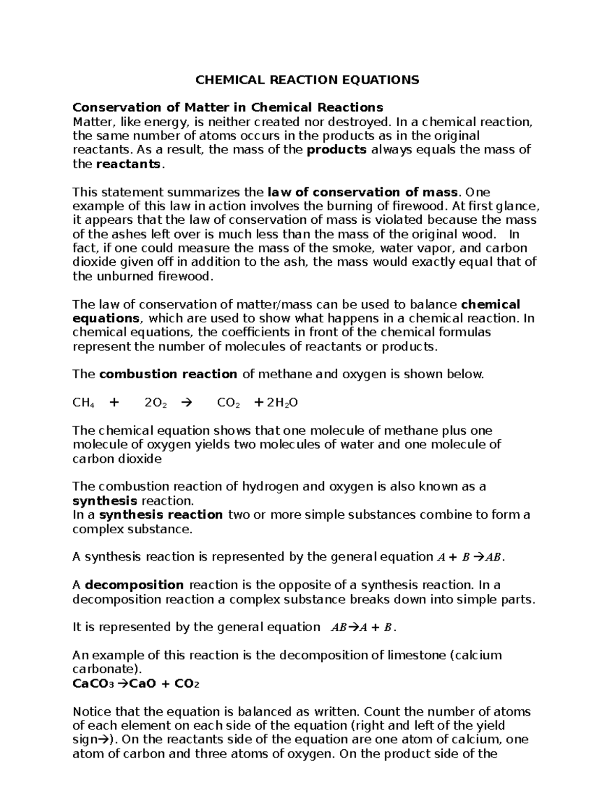 1- Chemical Equations - Test - CHEMICAL REACTION EQUATIONS Conservation ...