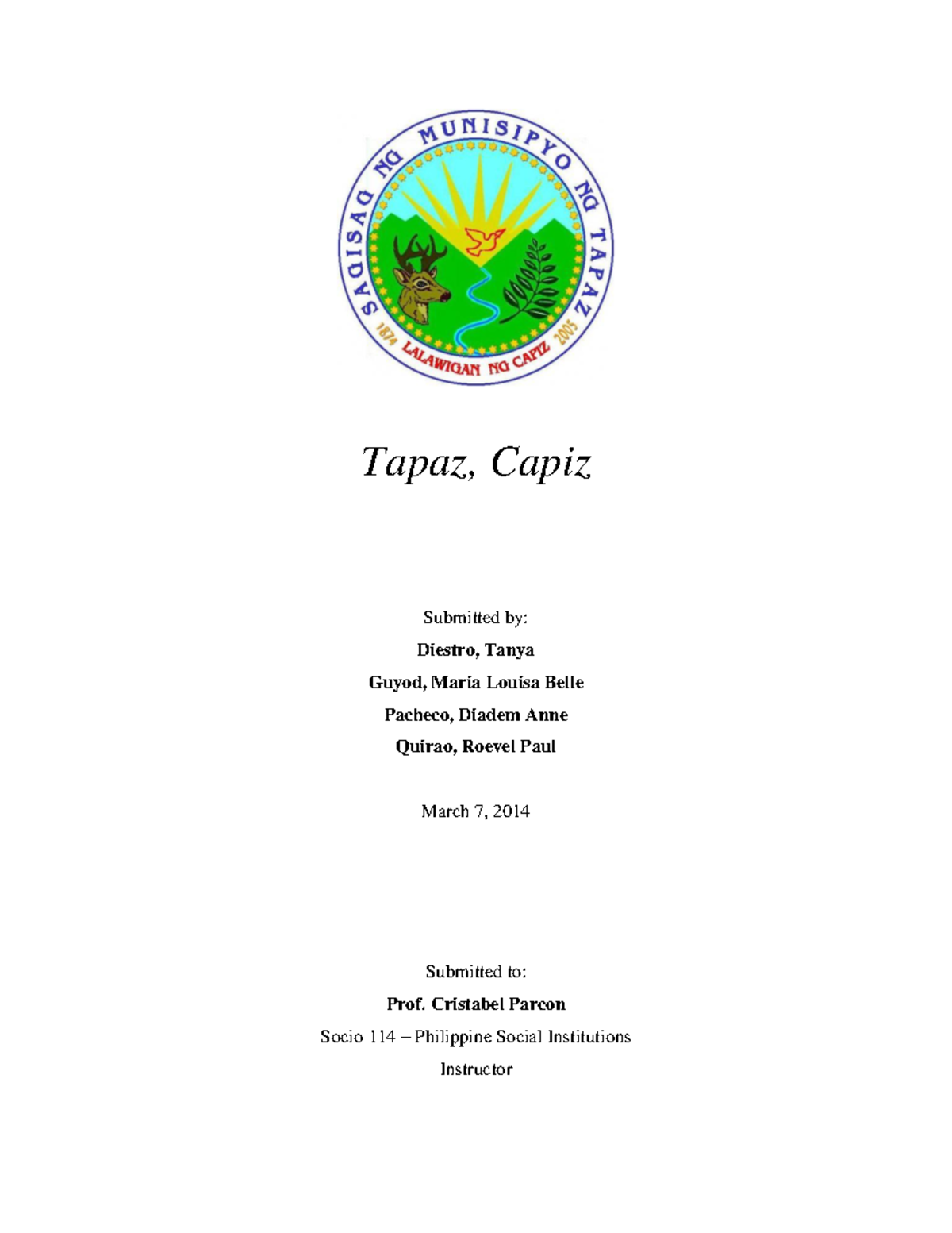254472583 Tapaz Capiz Paper - Tapaz, Capiz Submitted by: Diestro, Tanya ...