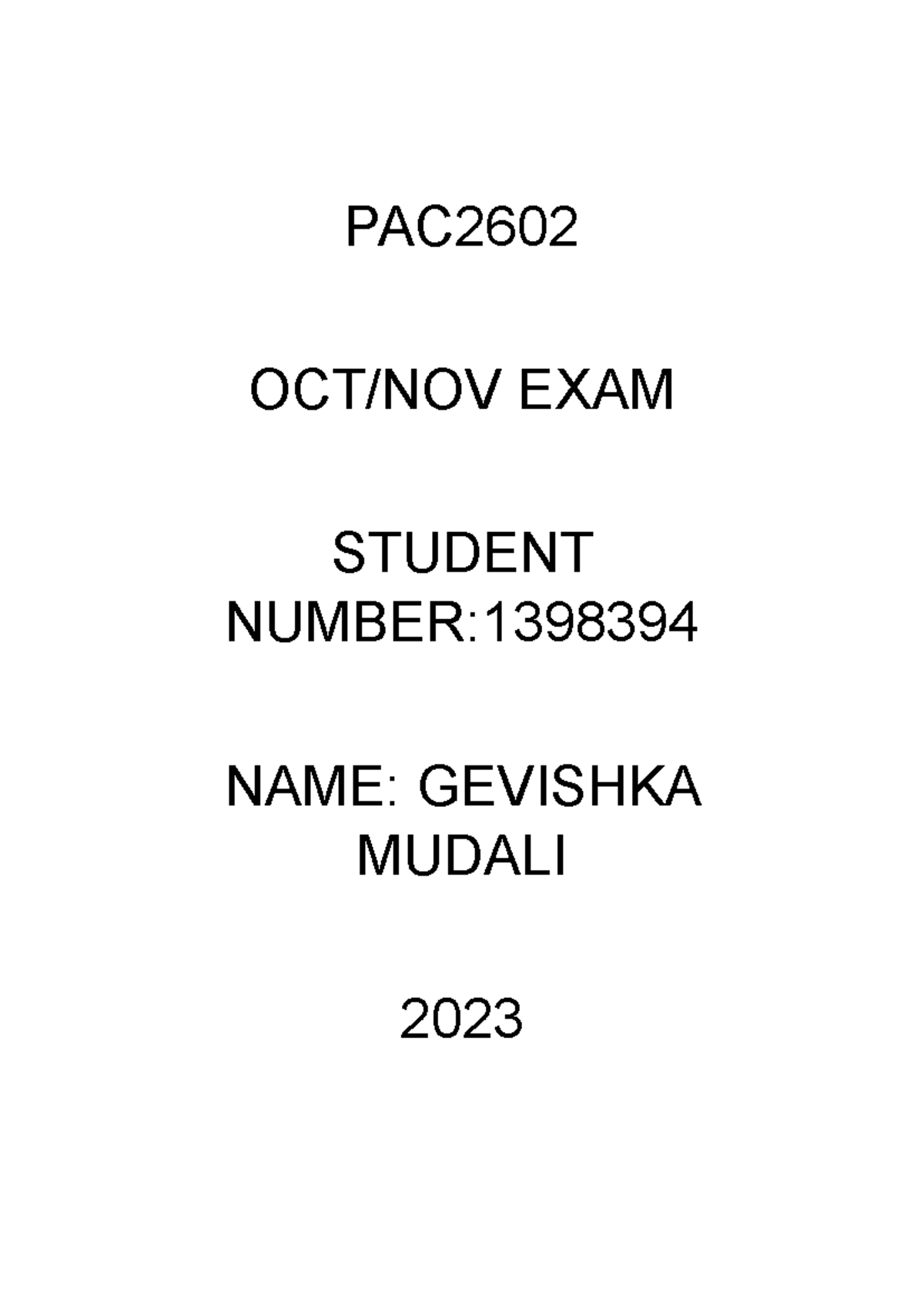 PAC2602 EXAMINATION 2023 - PAC OCT/NOV EXAM STUDENT NUMBER: NAME ...