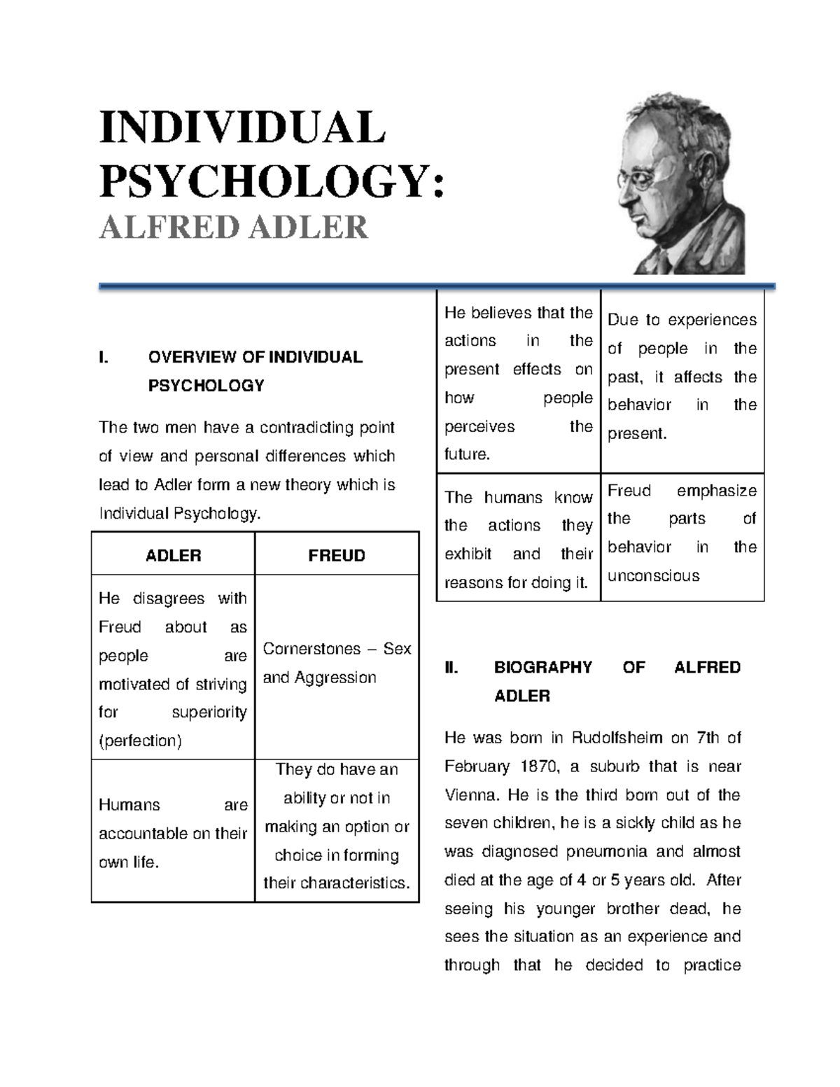 Adler Notes-converted - INDIVIDUAL PSYCHOLOGY: ALFRED ADLER I. OVERVIEW ...