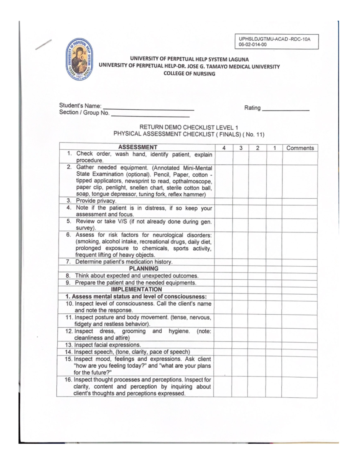 Neuro- Checklist - Health Assessment - Studocu
