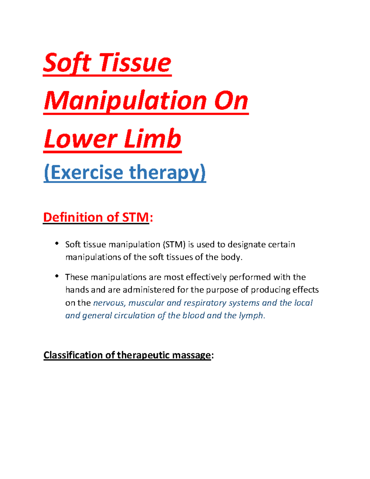 Exercise therapy 1(theory) - Soft Tissue Manipulation On Lower Limb ...
