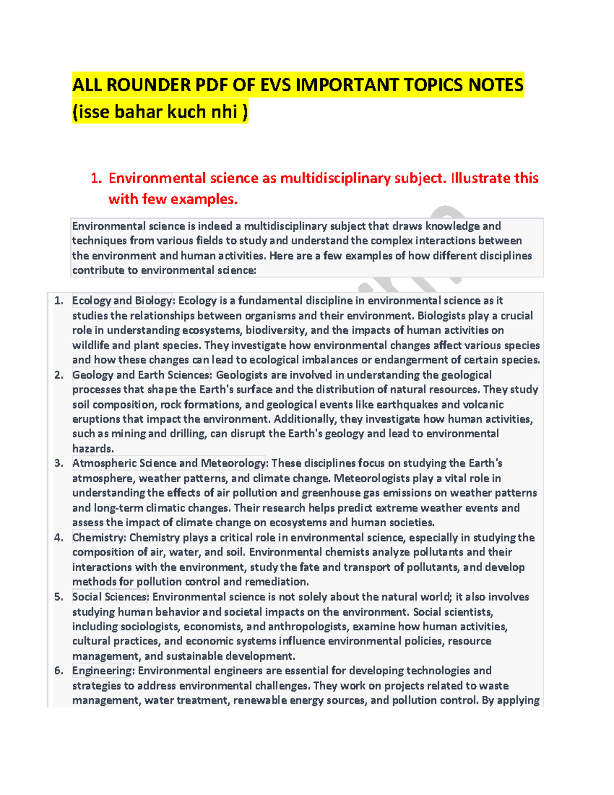 Evs notes - ALL ROUNDER PDF OF EVS IMPORTANT TOPICS NOTES (isse bahar ...