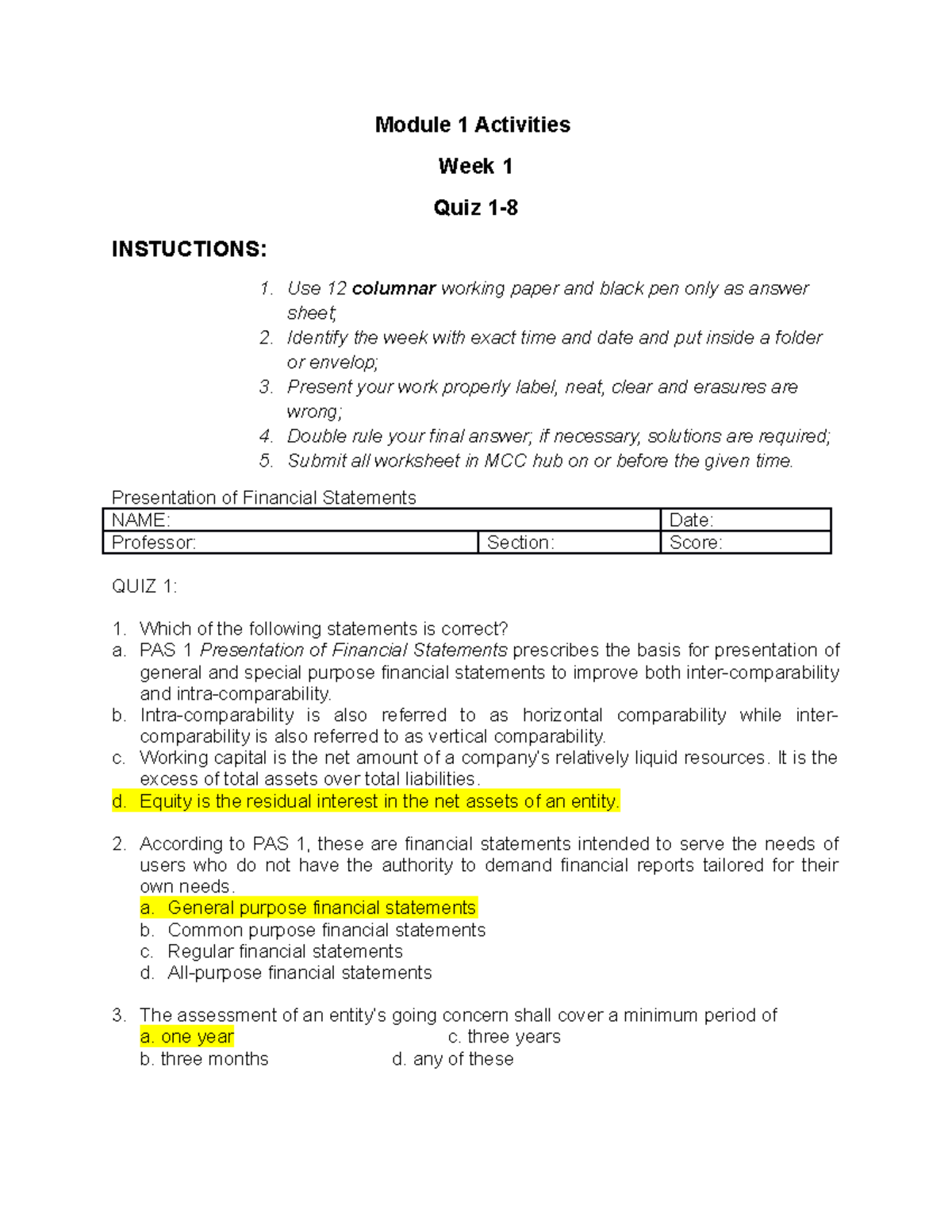 Module 1 Accounting Lecture Notes Module 1 Activities Week 1 Quiz 1
