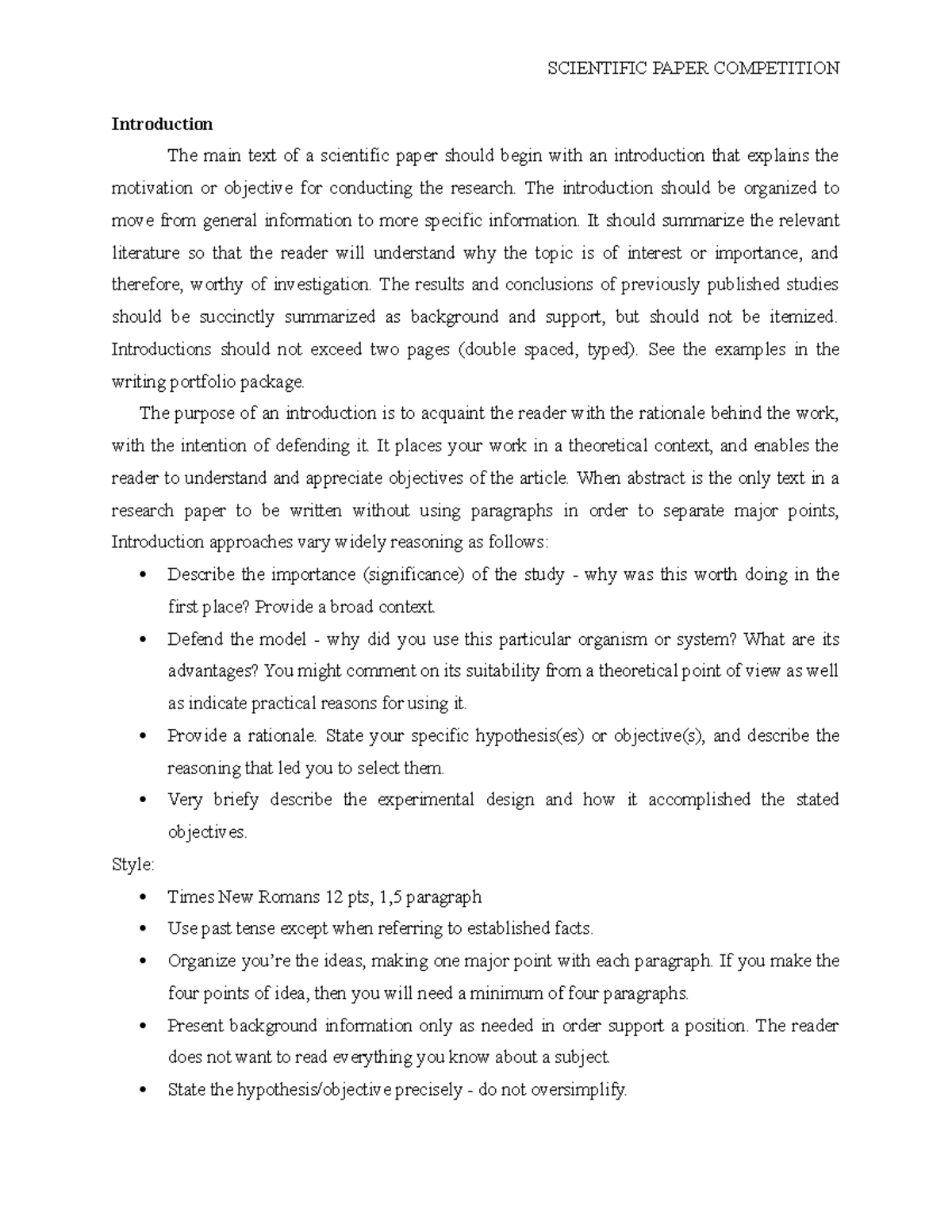 Scientific Paper Competition Introduction The Main Text Of A