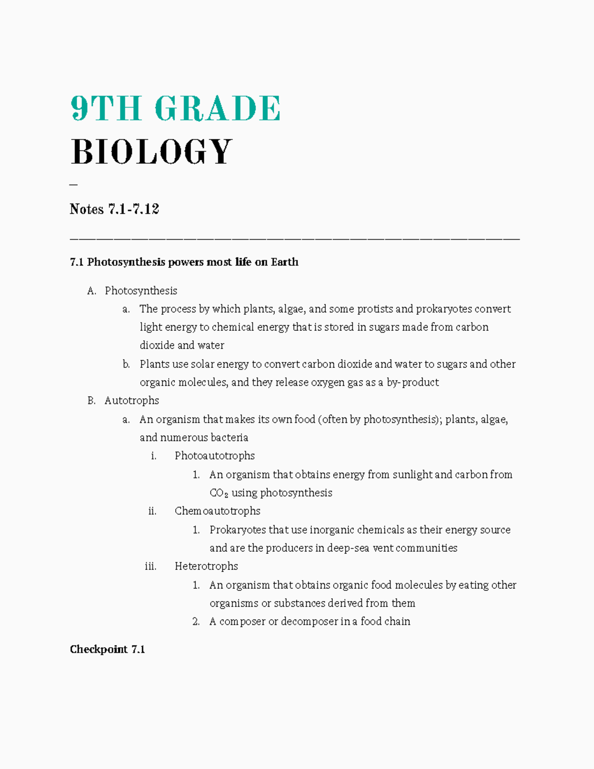 Bio Notes Chapter 7 - Photosynthesis and ATP synthesis - 9TH GRADE ...