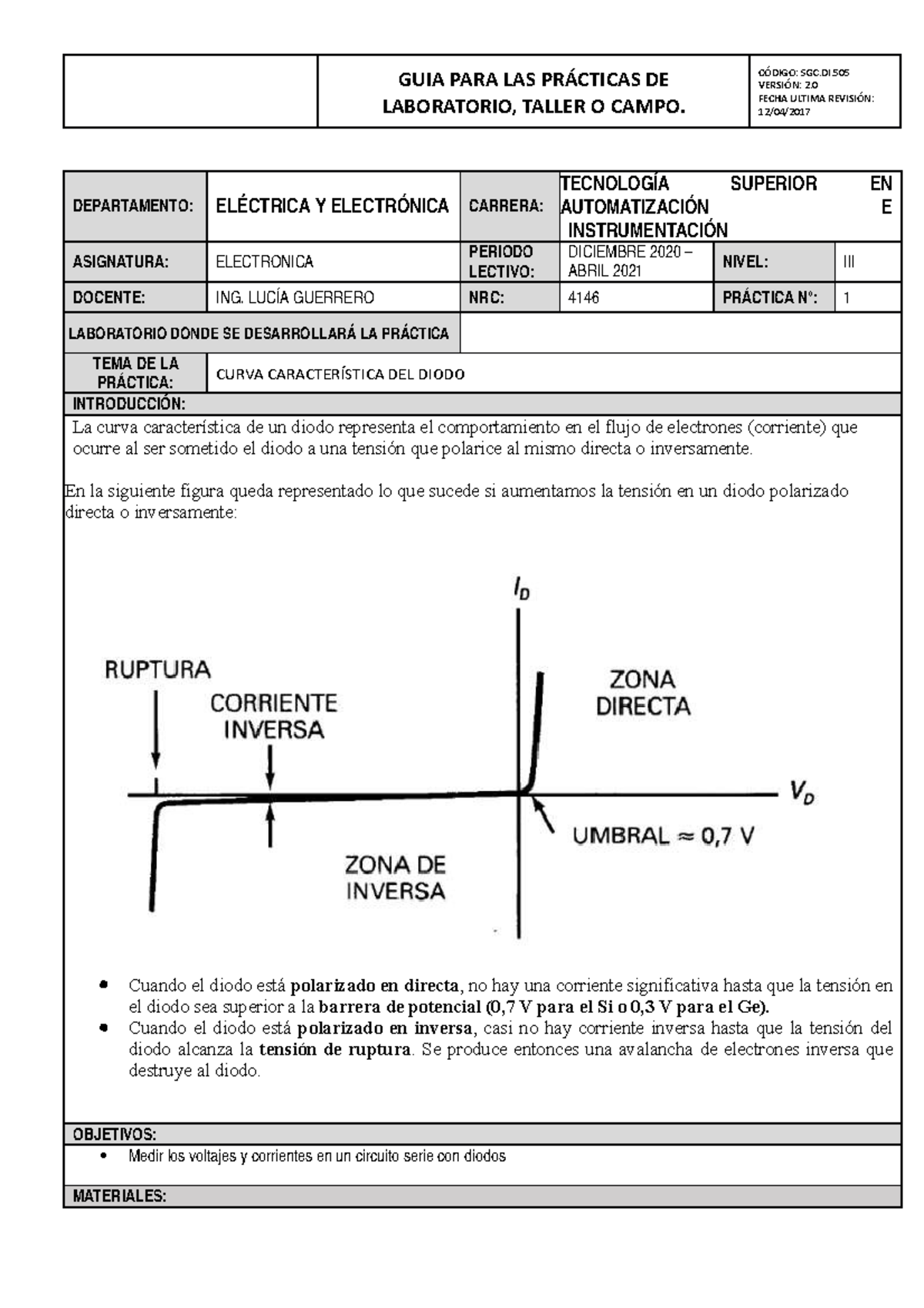 Informe 1 - GUIA PARA LAS PRÁCTICAS DE CÓDIGO: VERSIÓN: SGC.DI. LABORATORIO, TALLER O CAMPO ...