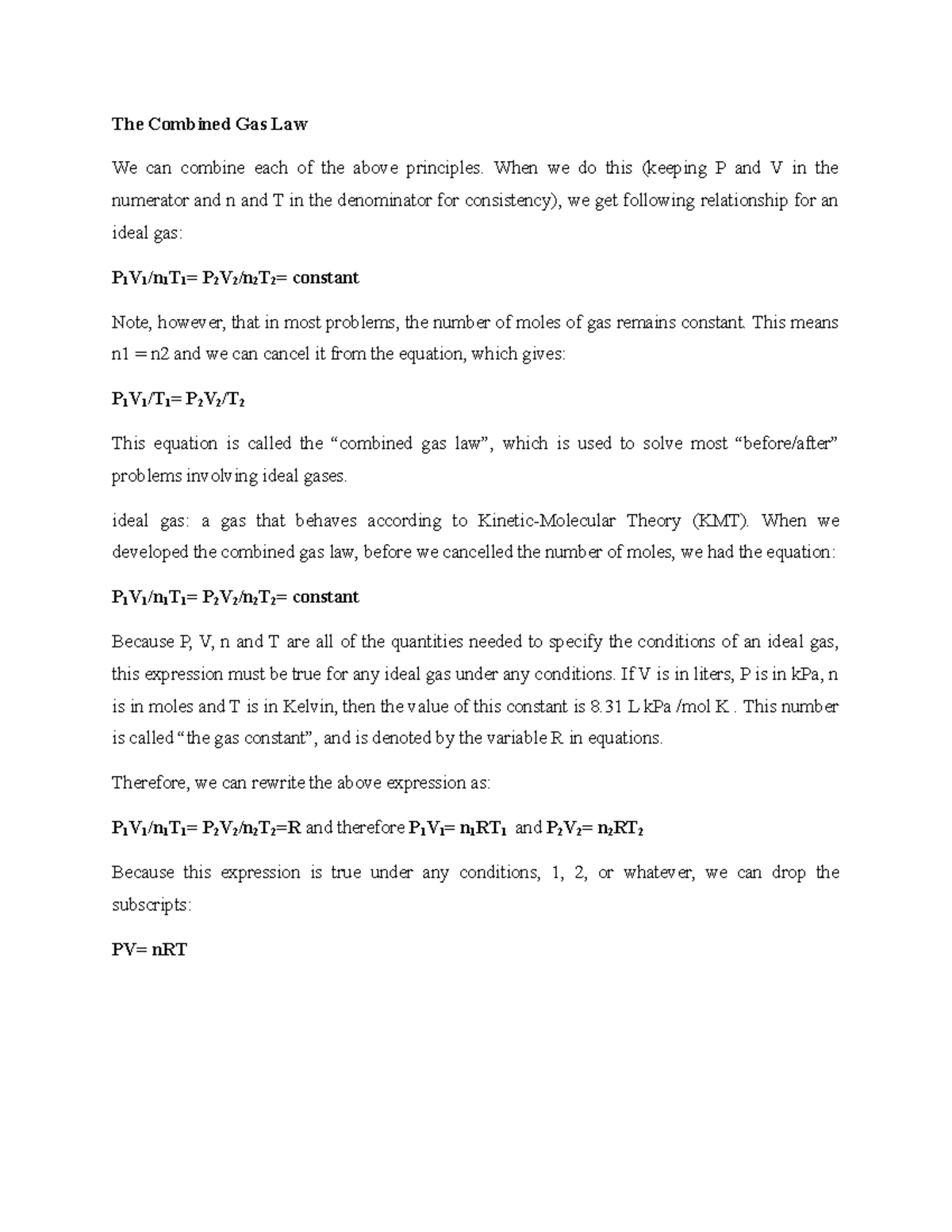 The Combined Gas Law - Lecture notes 1 - Chemistry for Engineers ...