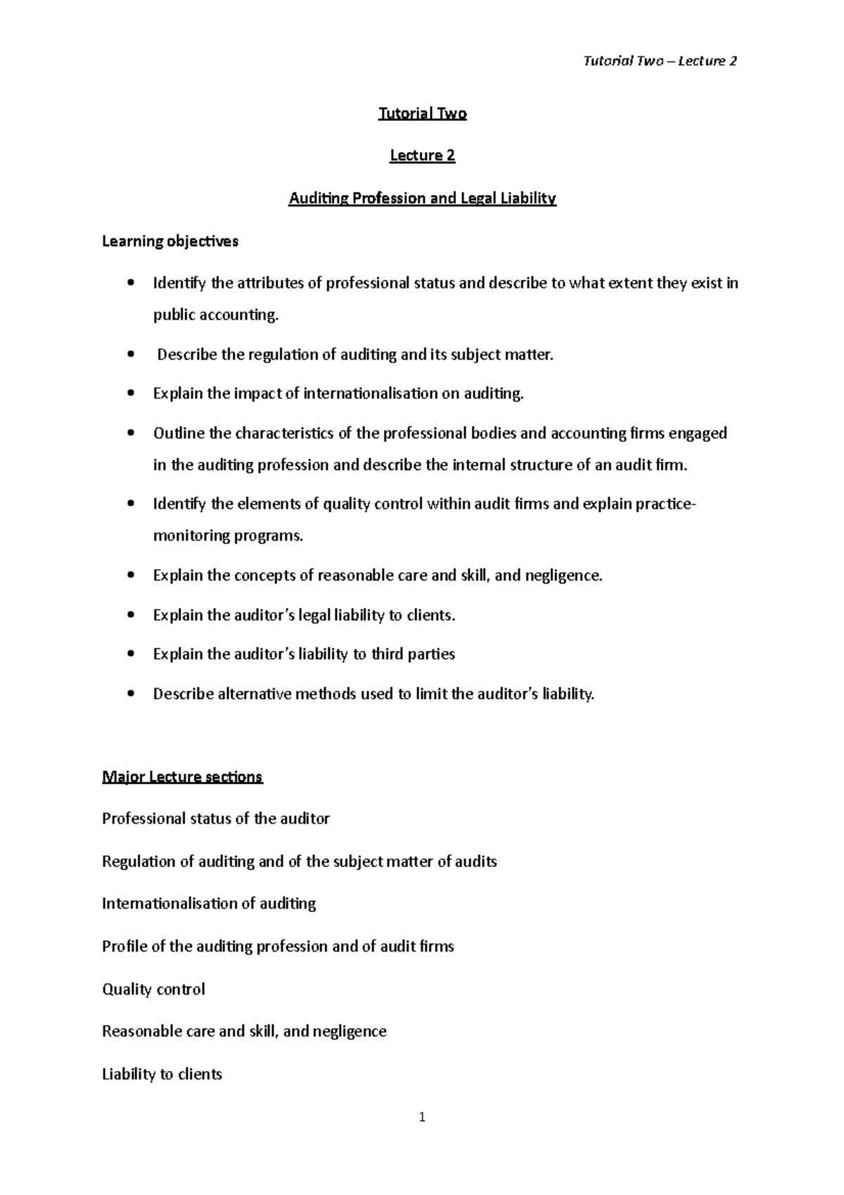 Tutorial Two Questions - Tutorial Two – Lecture 2 Tutorial Two Lecture 2 Auditing Profession and ...
