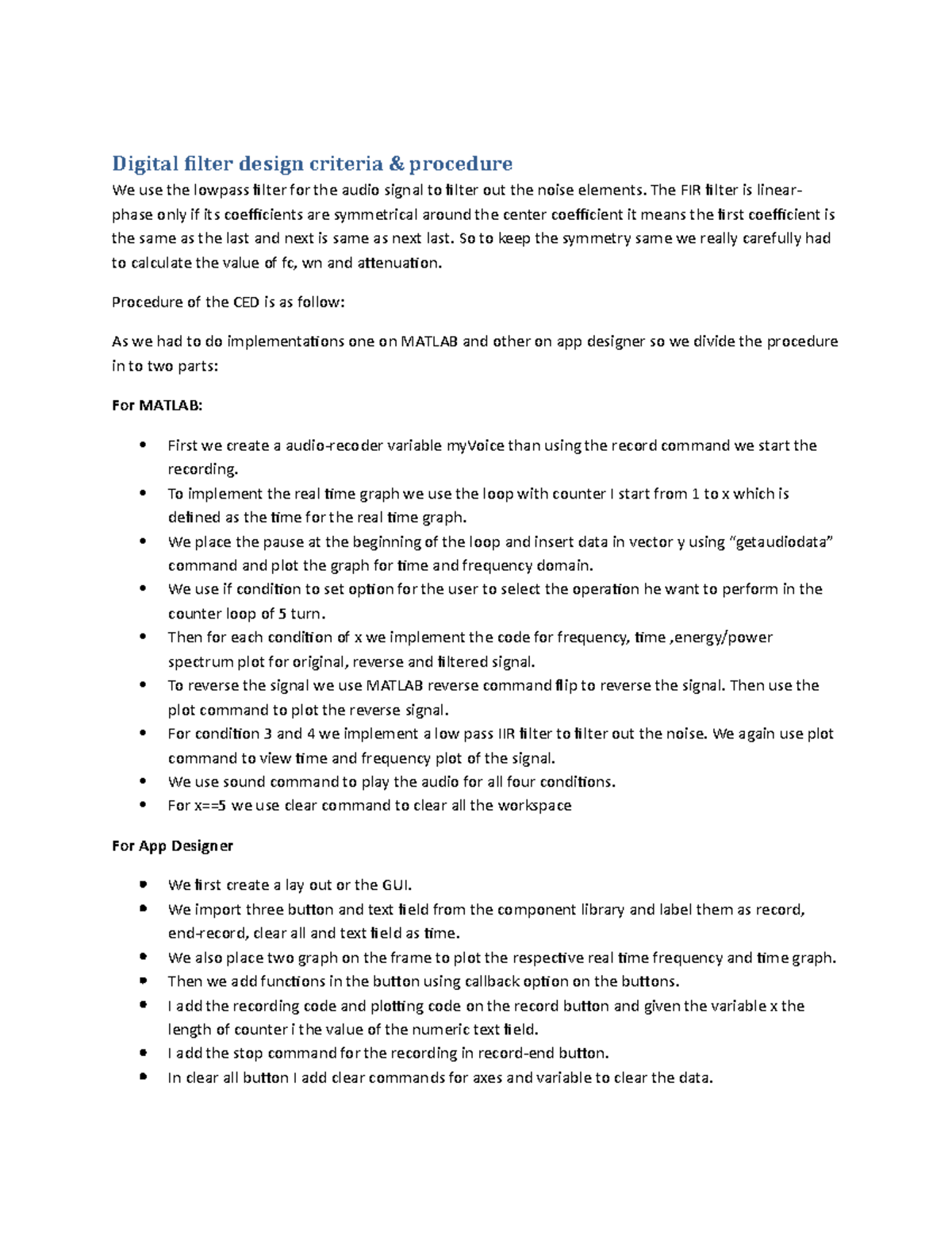 Procedure - Complex Engineering Design - Digital filter design criteria ...