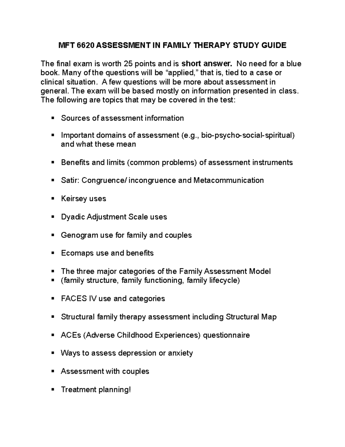 Study Guide - MFT 6620 ASSESSMENT IN FAMILY THERAPY STUDY GUIDE The ...