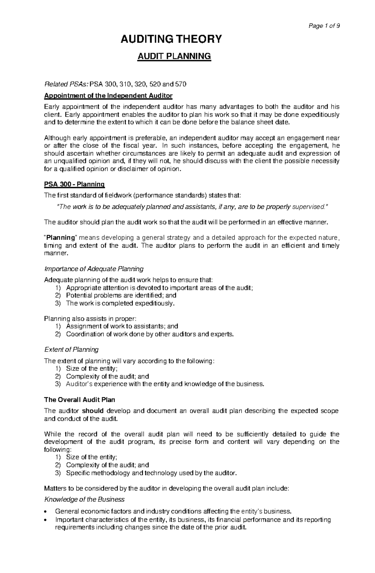 AUD1 - Audit Planning - AUDITING THEORY AUDIT PLANNING Related PSAs ...