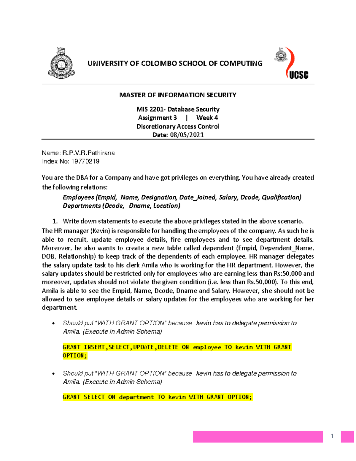 Assignment - 3 - Work - UNIVERSITY OF COLOMBO SCHOOL OF COMPUTING MASTER OF INFORMATION SECURITY ...