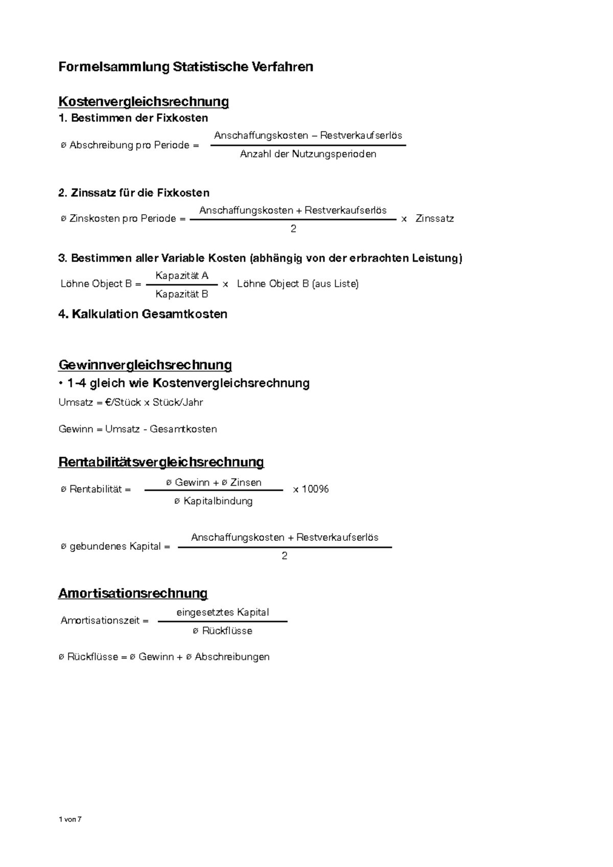 Formelsammlung - Bestimmen der Fixkosten 2. Zinssatz für die Fixkosten ...