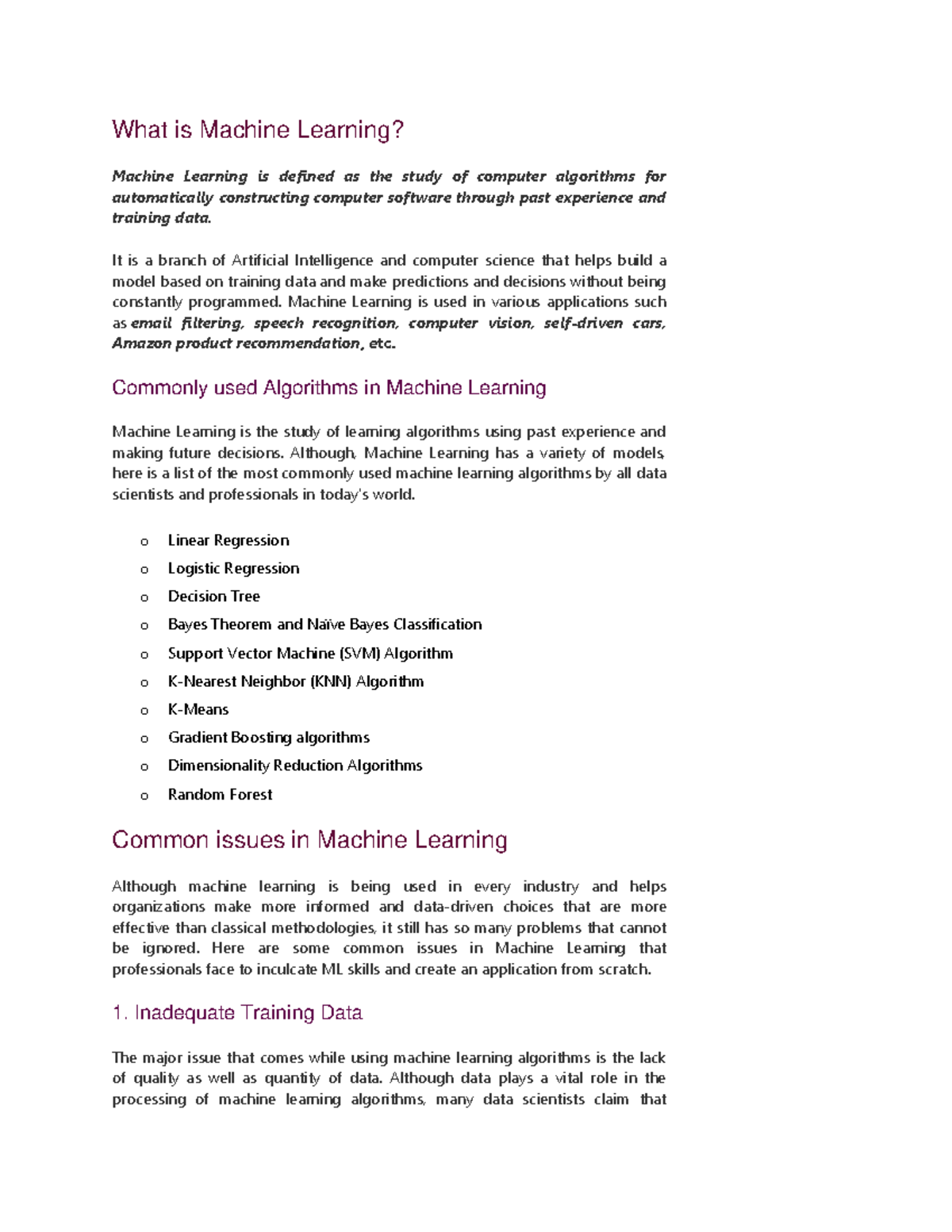 MLT( Issues IN ML) - What is Machine Learning? Machine Learning is defined as the study of ...