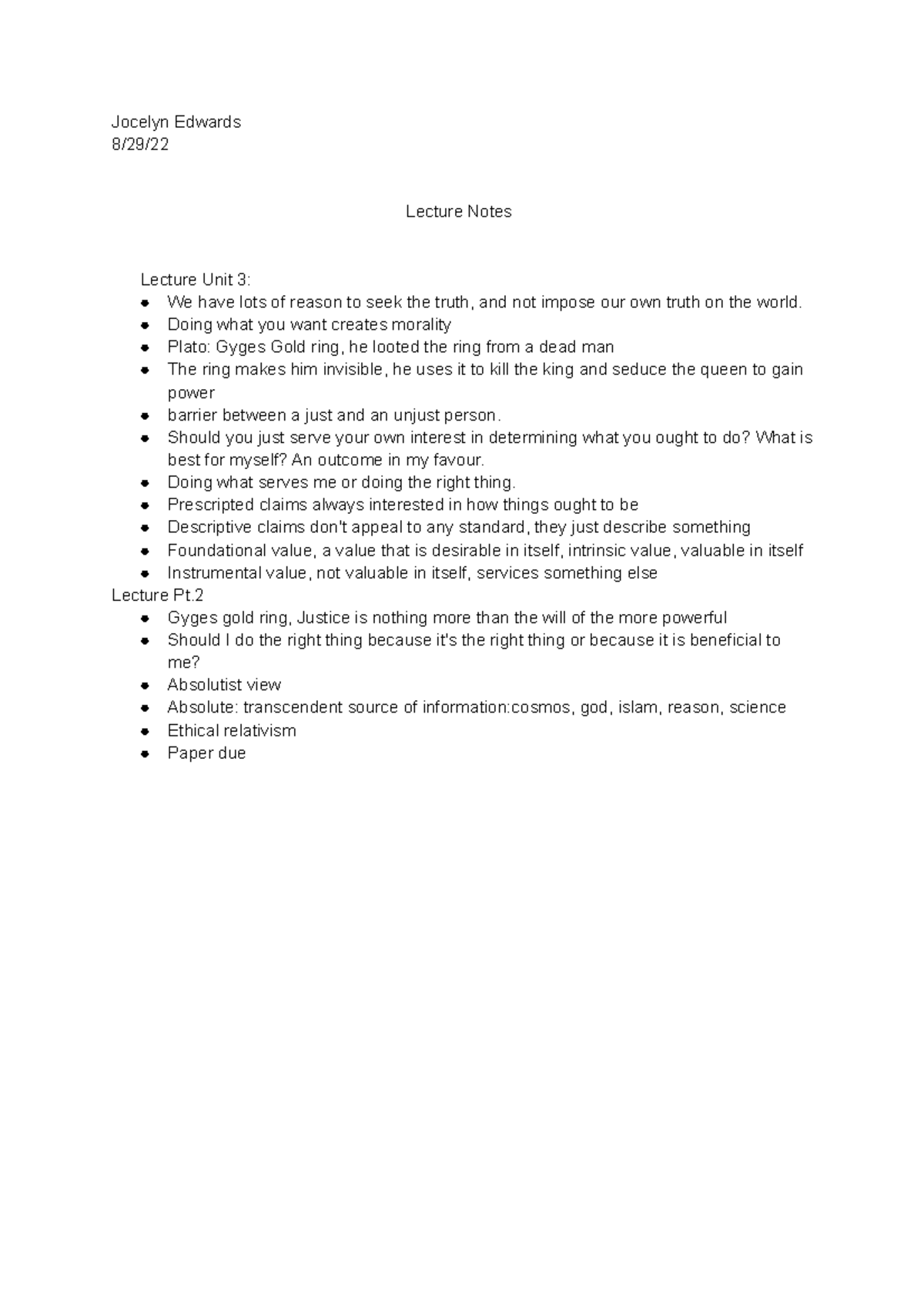 Lecture Notes 2 - Professor West Gurley Intro to Ethics - Jocelyn ...