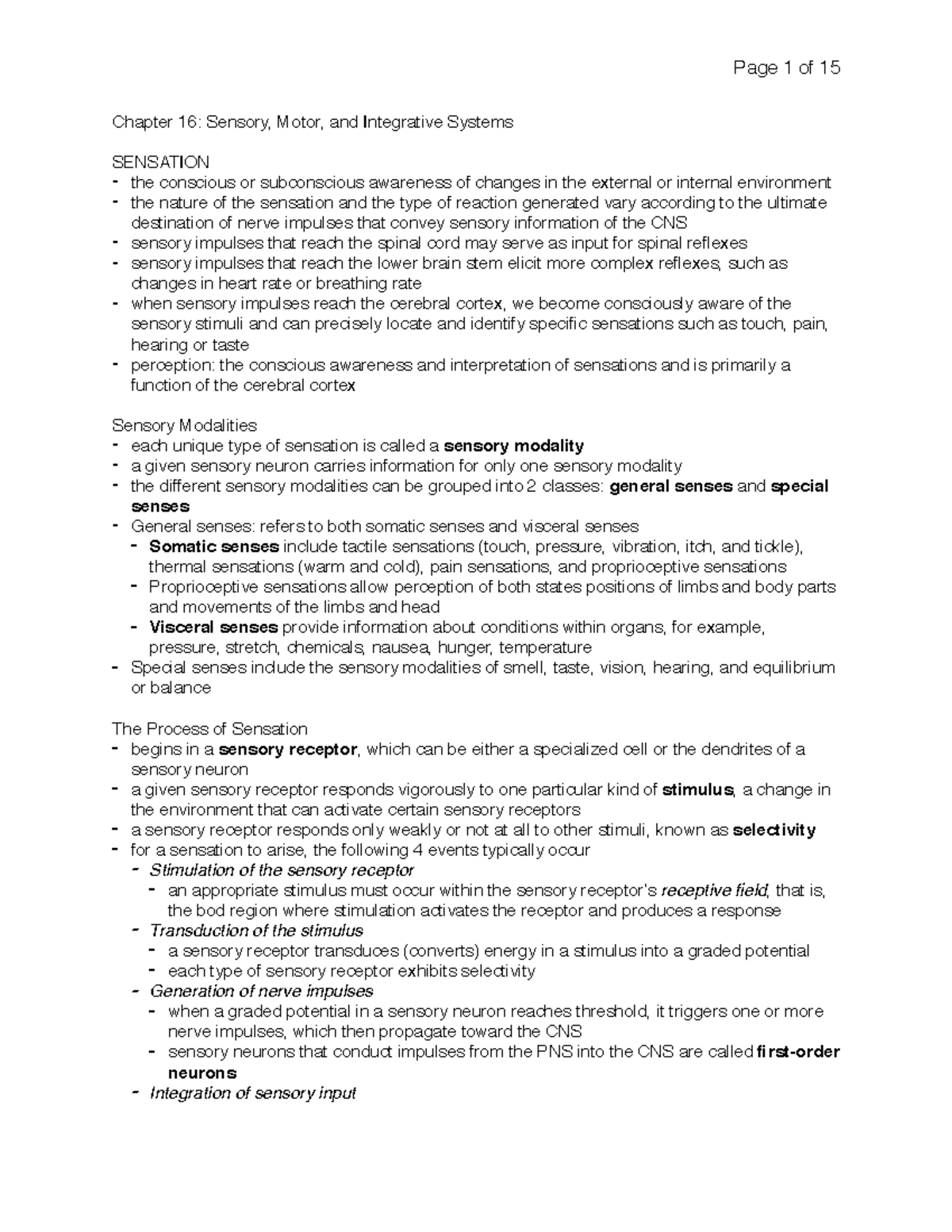 Chapter 16 - Lecture notes Chp 16 notes - Chapter 16: Sensory, Motor ...
