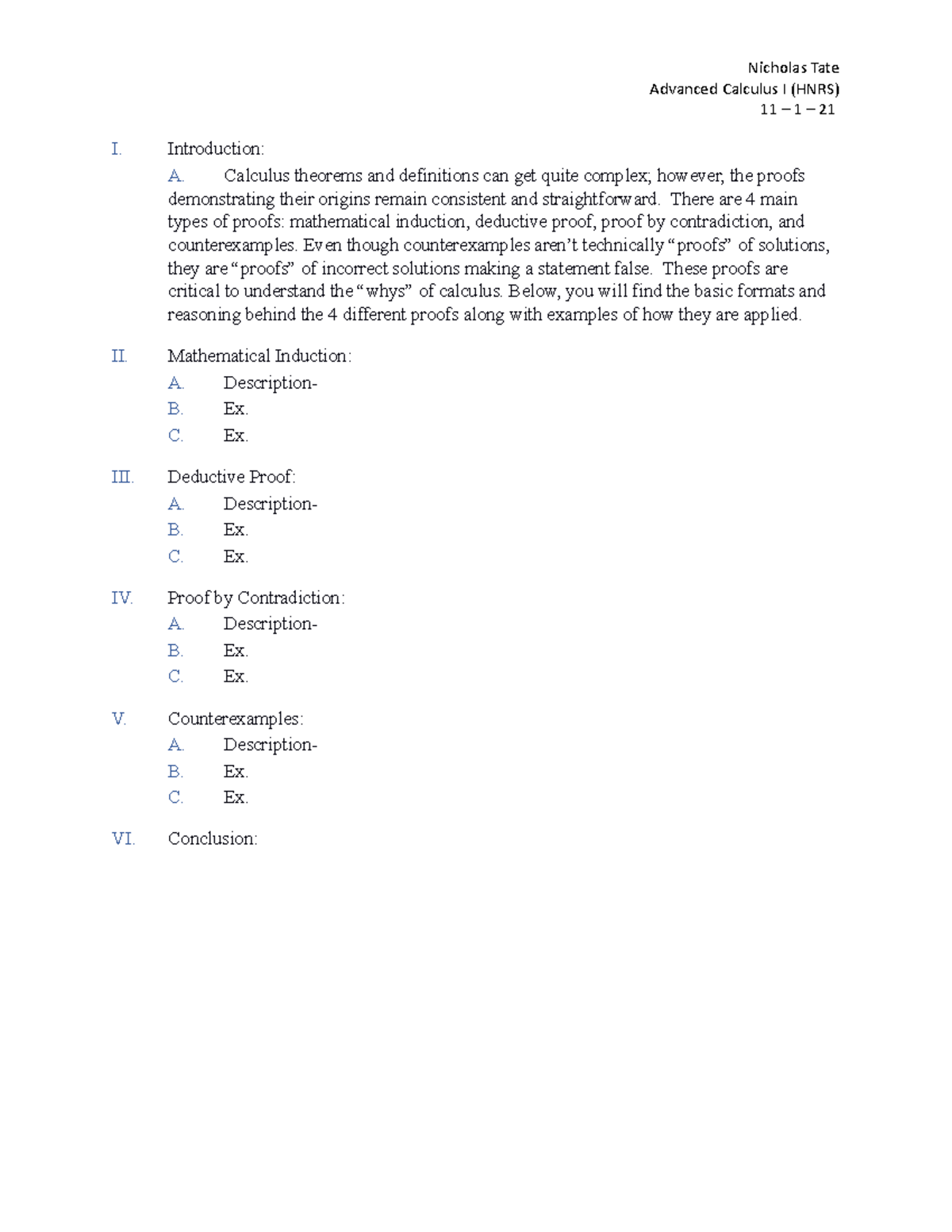 Proof Guidebook Outline - Nicholas Tate Advanced Calculus I (HNRS) 11 ...