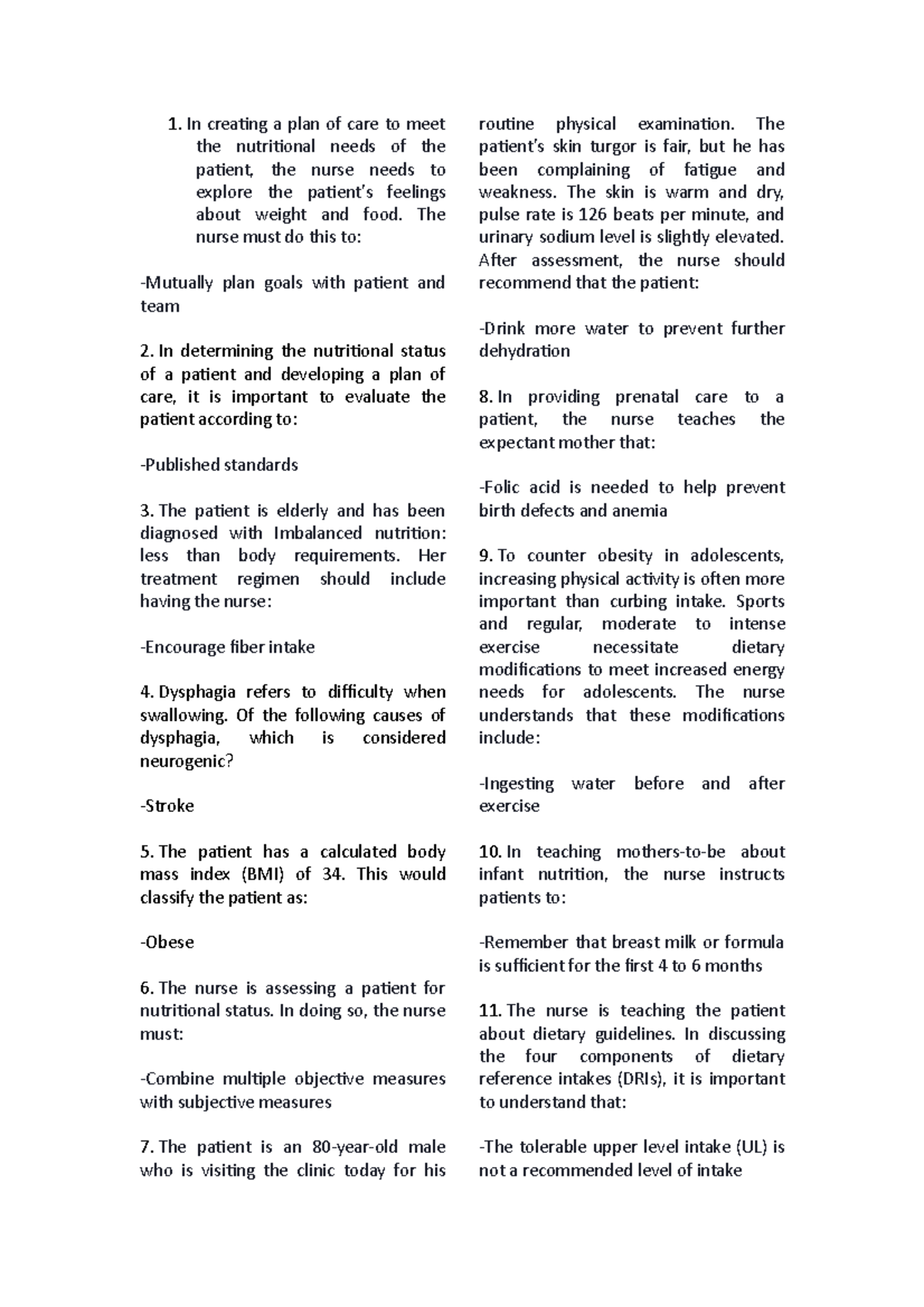 Nutrition 5 - notes - In creating a plan of care to meet the ...