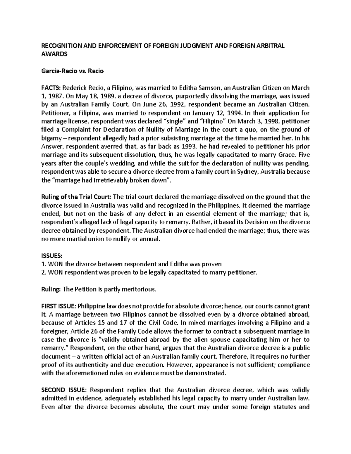 Recognition AND Enforcement OF Foreign Judgment AND Foreign Arbitral ...