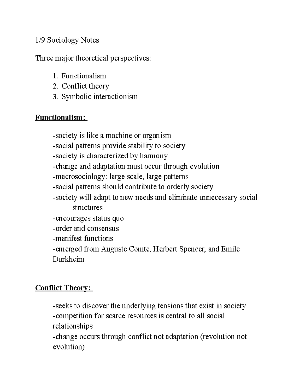 Sociology notes 1 - 1/9 Sociology Notes Three major theoretical ...