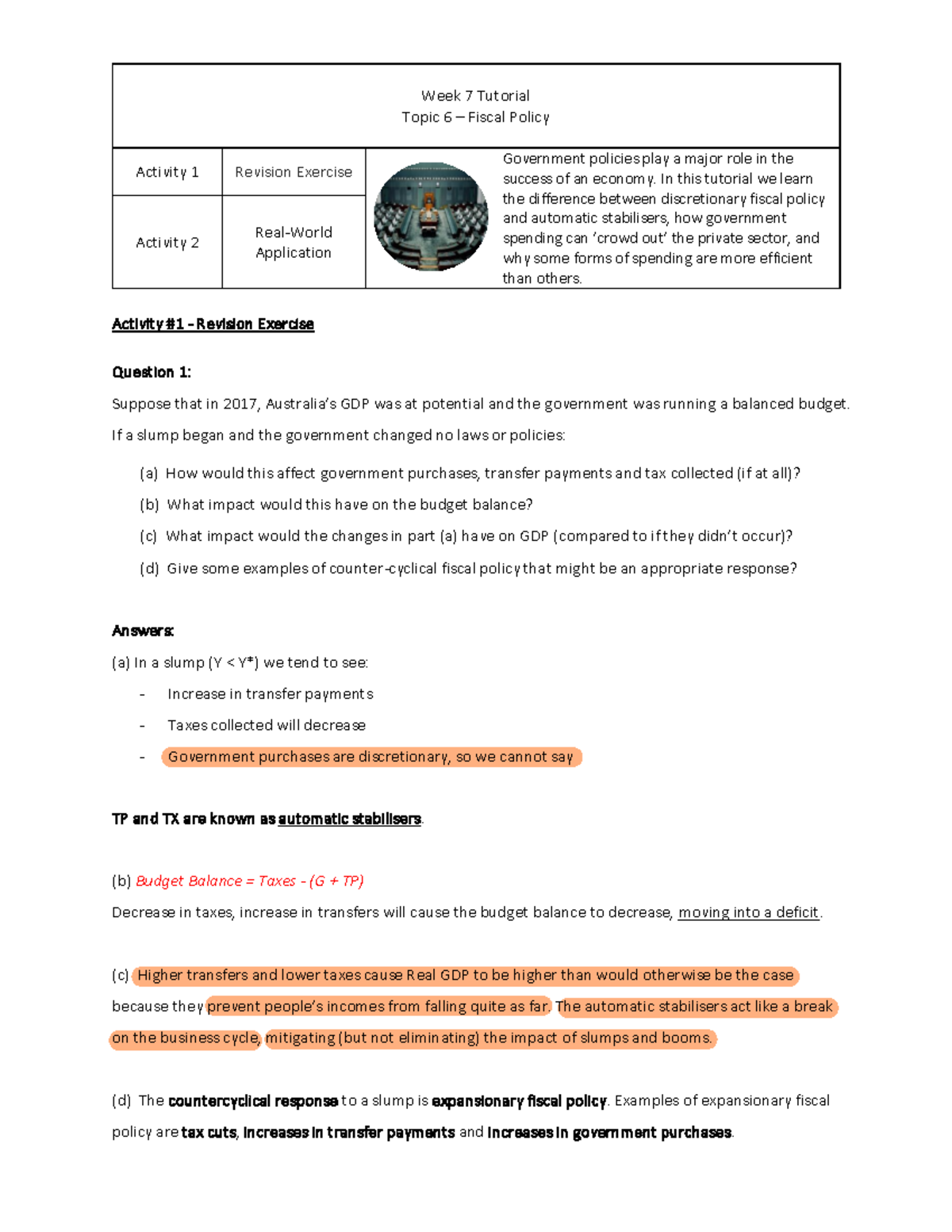 Topic 6 Fiscal Policy - Student Answers - Week 7 Tutorial Topic 6 ʹ Fiscal Policy Activity 1 ...